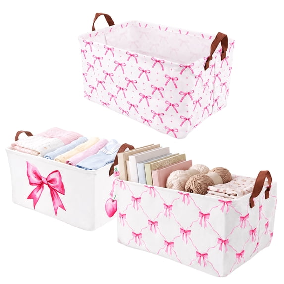 3Pcs White Foldable Storage Baskets with Pink Bows, Large Collapsible ...