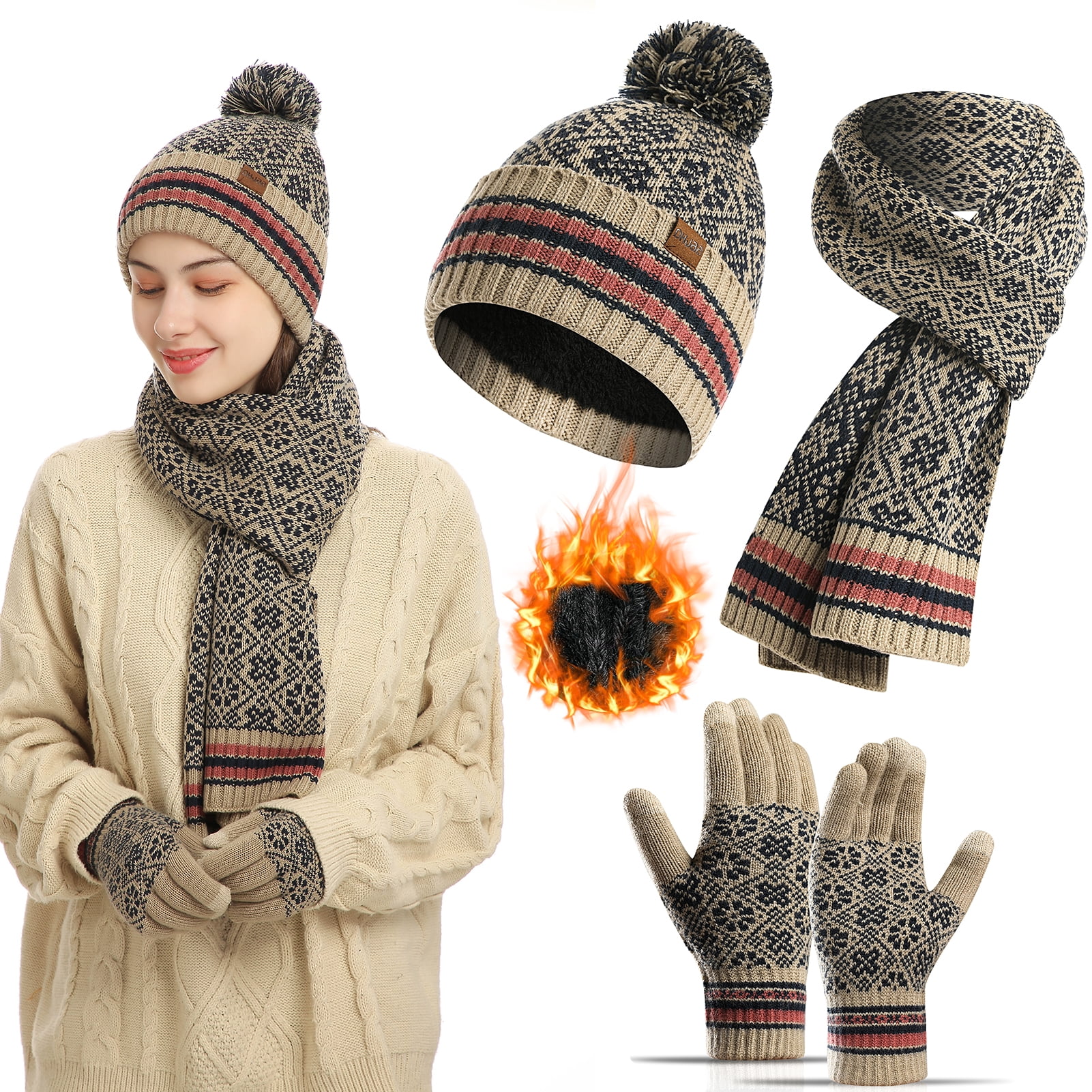 Warm 3Pcs Women's Beanie, Scarf & Touchscreen Gloves Winter Set ...