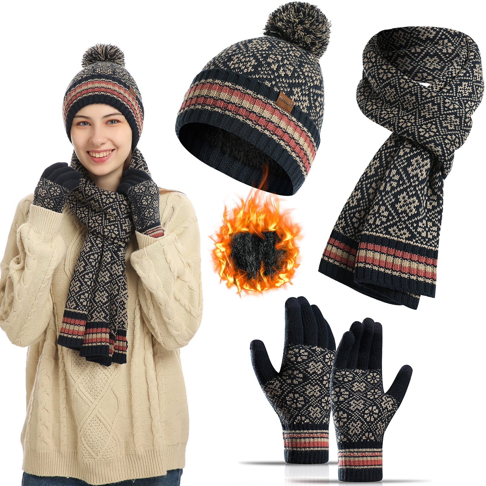 3Pcs Windproof Winter Headwear: Beanie, Scarf, Touchscreen Gloves for ...