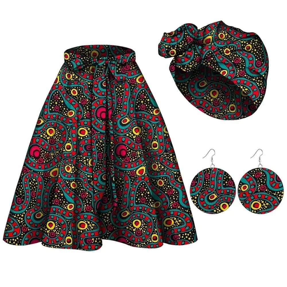 3Pcs Women African Dashiki Cotton Skirt Traditional Costume African Bohemian Head Wrap Scarf ...
