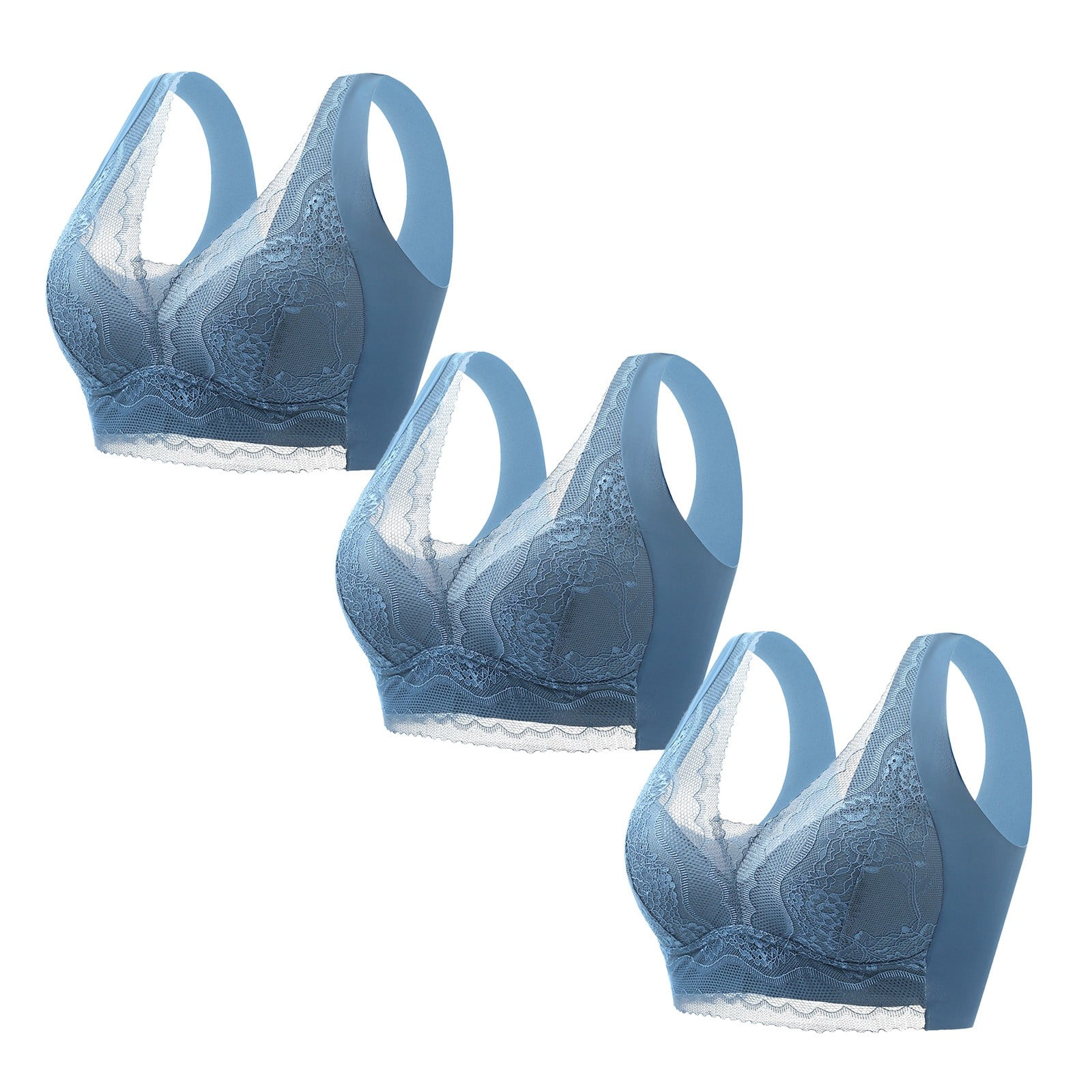 3Pcs Women's Bra V-Neck Lace Fixed Cup Wide Shoulder Push-Up Bra ...