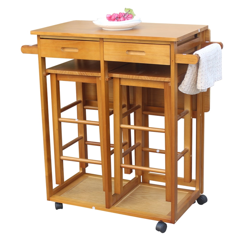 3Pcs Wood Dining Table Set with 2 Stools, Drop Leaf Rolling Breakfast ...