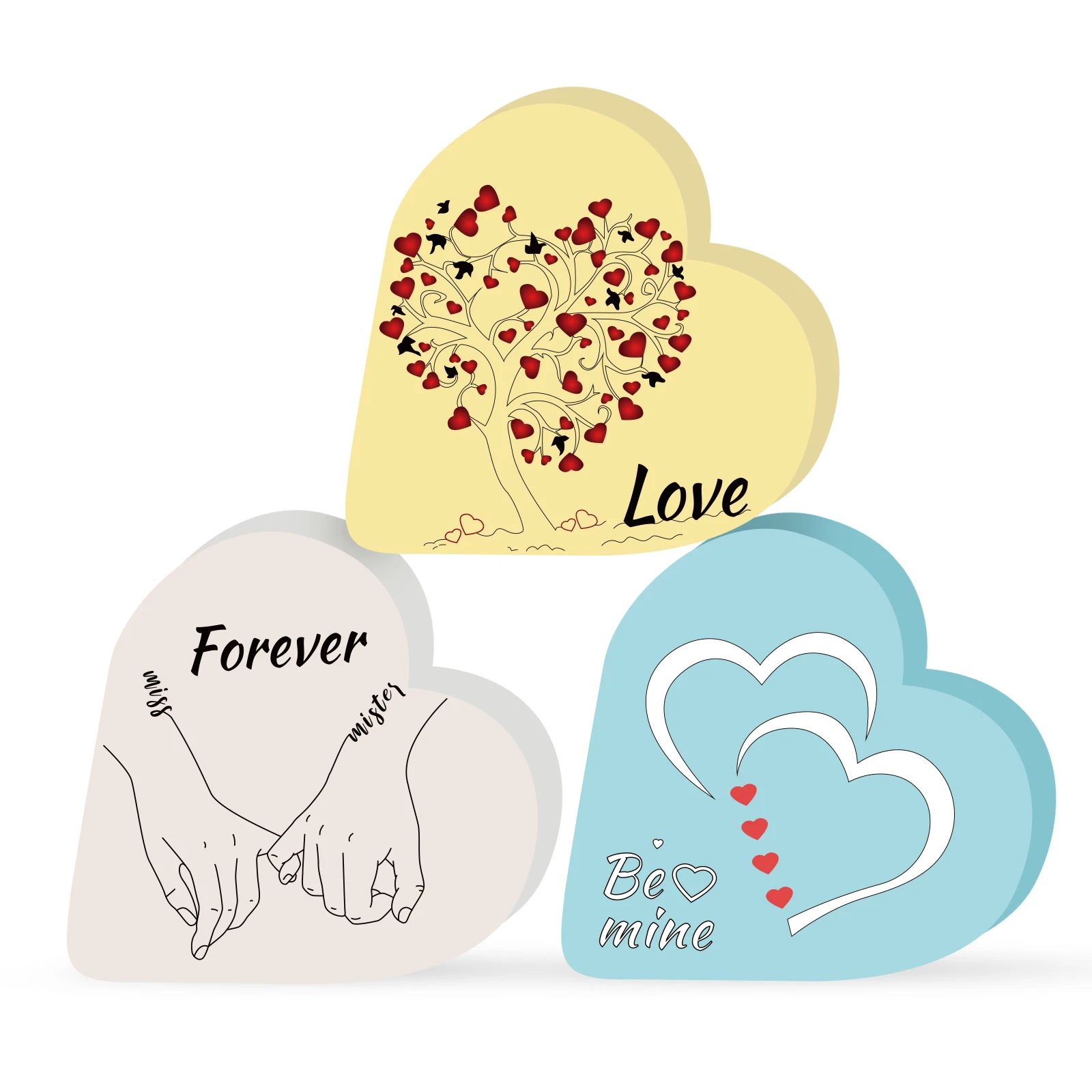 3Pcs Wooden Heart Printed Decorative Classic Valentine'S Day Table ...