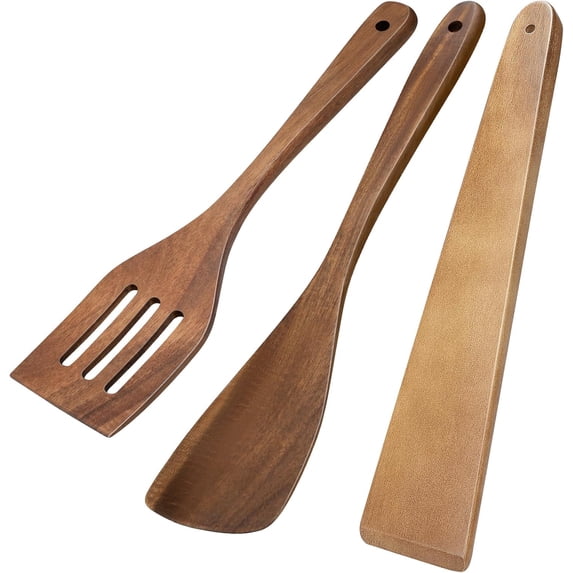 3Pcs Wooden Spatulas Set, 12-inch Long Handle Acacia Wood Flat Frying ...