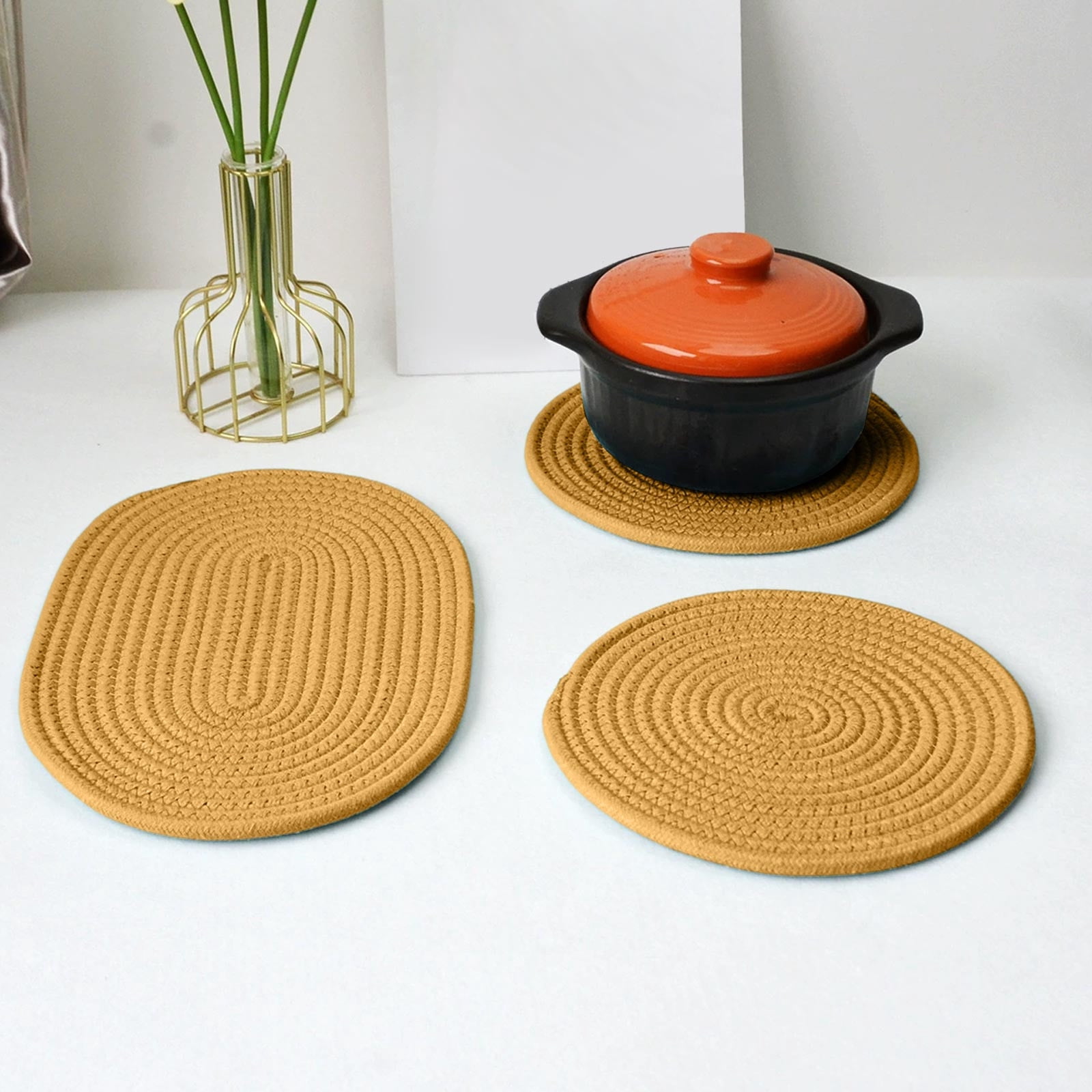 3Pcs Woven Cotton Round Placemats, Heat Resistant Table Mats, Durable ...