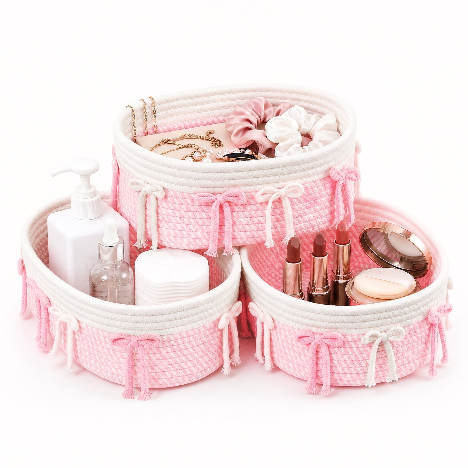3Pcs Woven Storage Basket Cotton Rope Decorative Organizer Bin with Bow ...