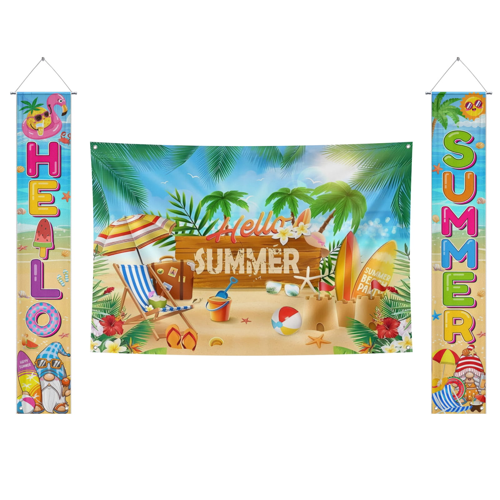 3Pcs hello summer Banner Decorations Summer Backdrop Banner and Summer ...