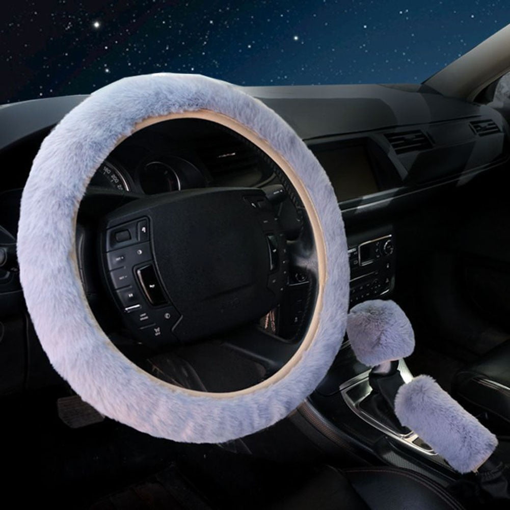 3Pcs/set Fur Fluffy Thick Auto Car Steering Wheel Plush Cover Soft Wool ...