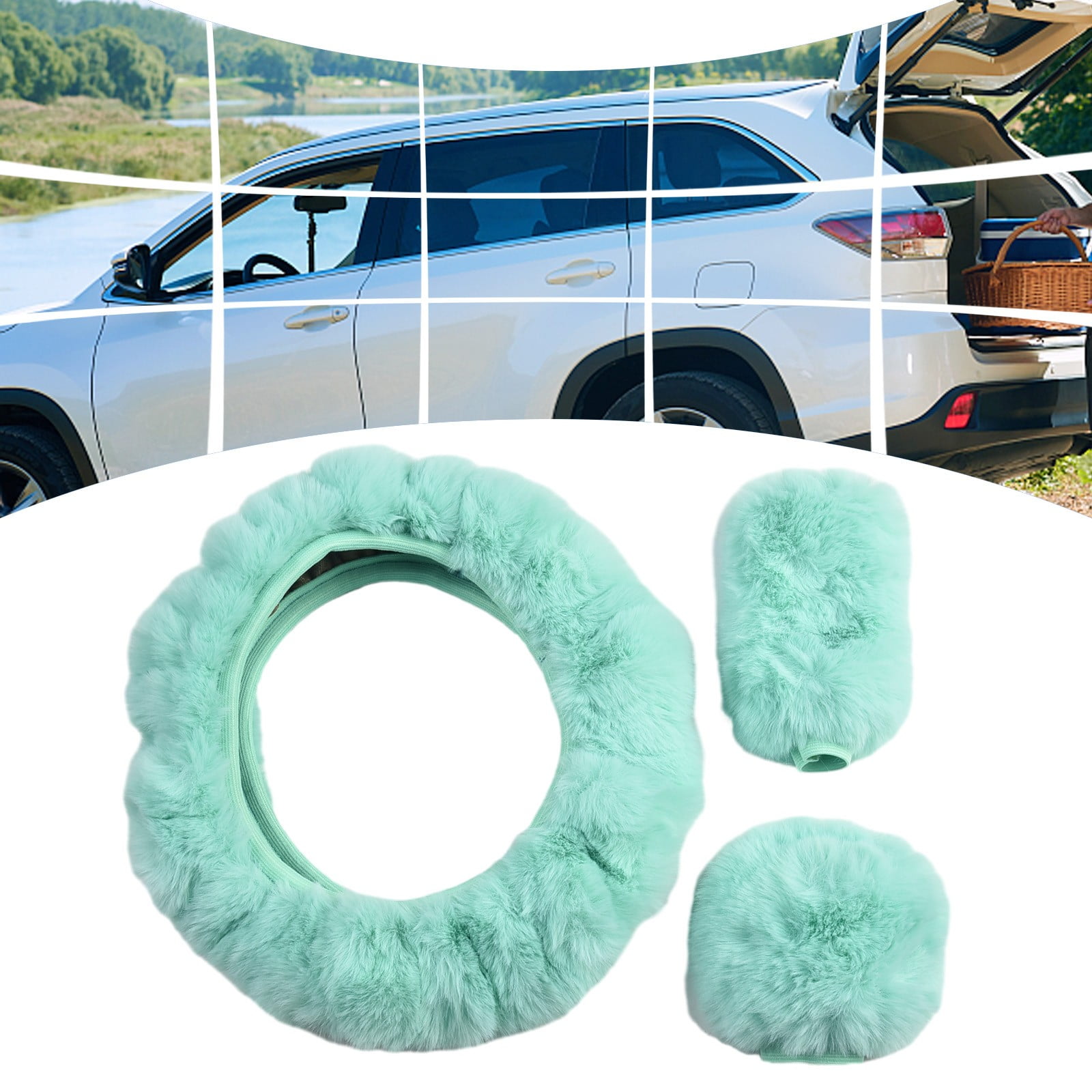 3Pcs/set Fur Fluffy Thick Auto Car Steering Wheel Plush Cover Soft Wool ...