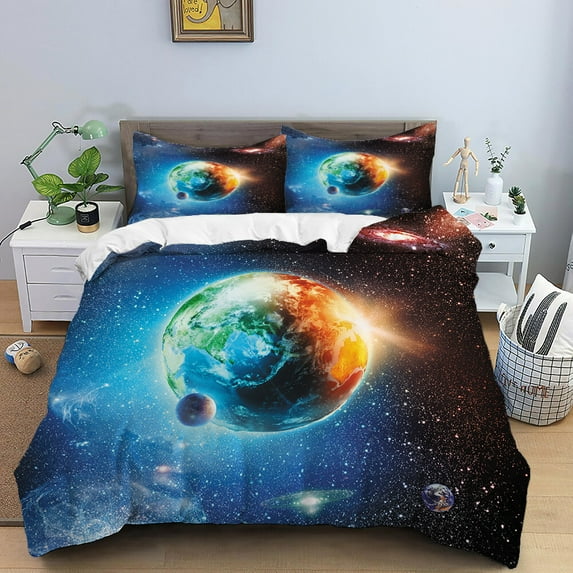 3Piece Duvet Cover Set Queen Size Galaxy Outer Style Moon/Star Pattern ...