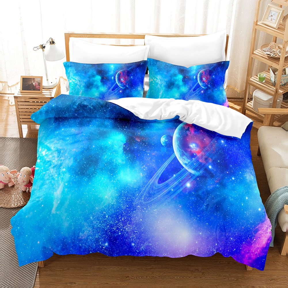 3piece Duvet Cover Set Queen Size Galaxy Outer Style Moon Star Pattern