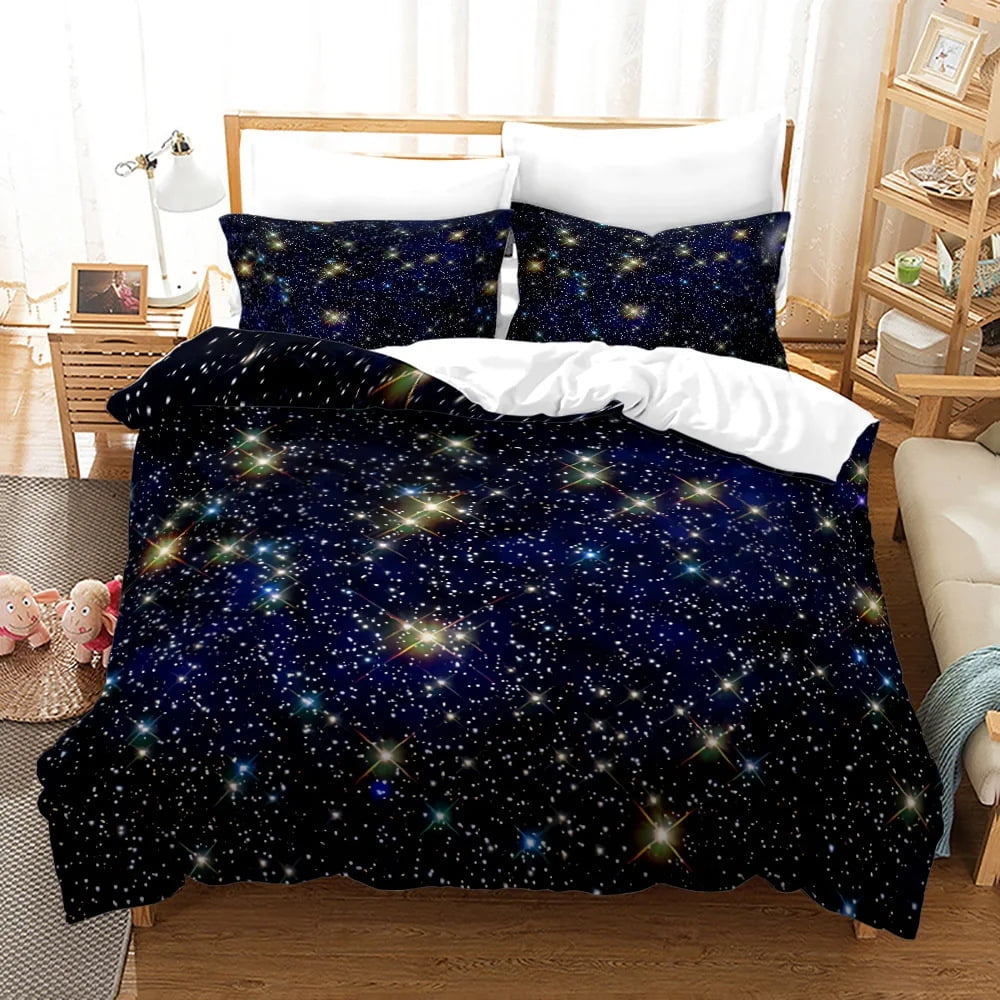 3piece Duvet Cover Set Queen Size Galaxy Outer Style Moon Star Pattern