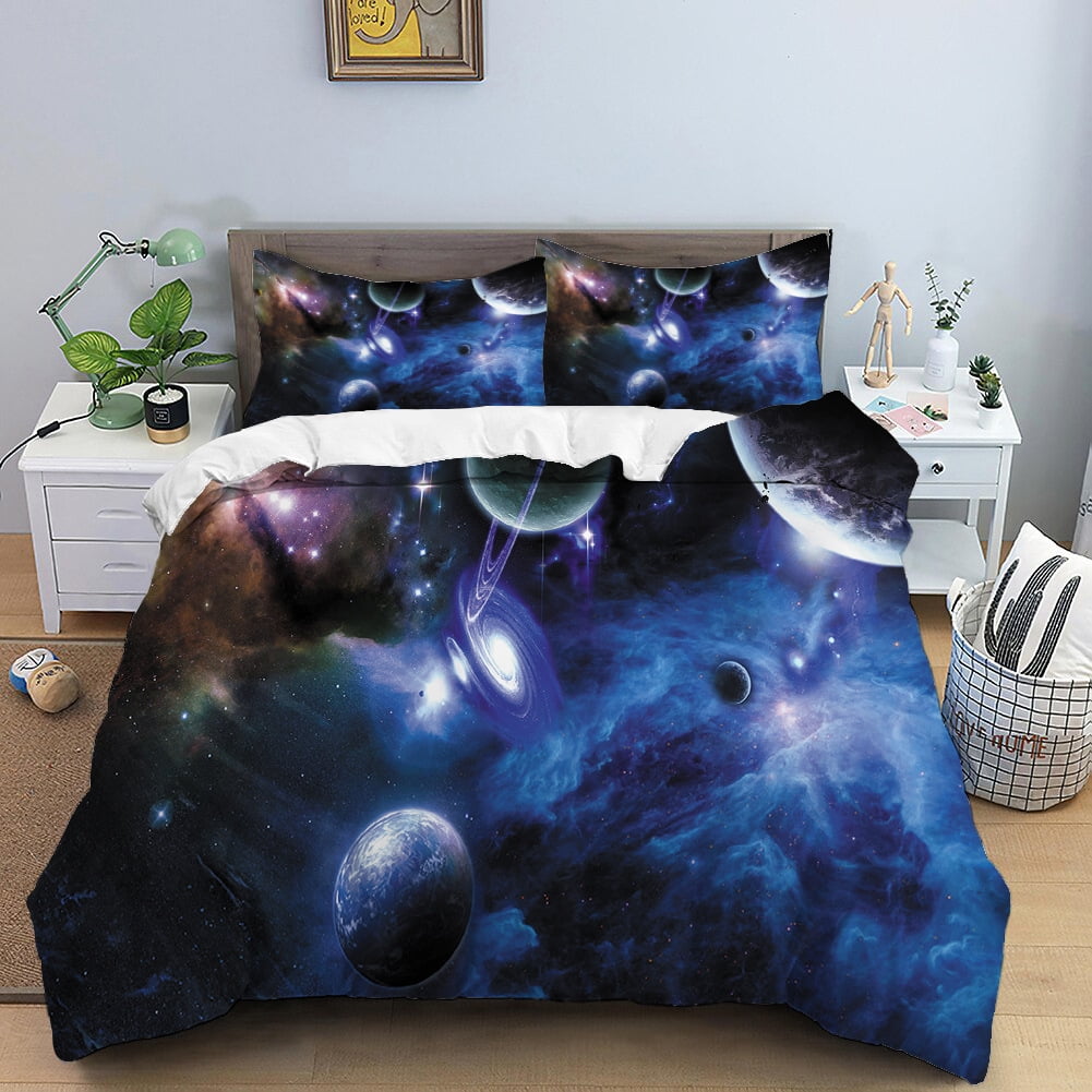 3piece Duvet Cover Set Queen Size Galaxy Outer Style Moon Star Pattern