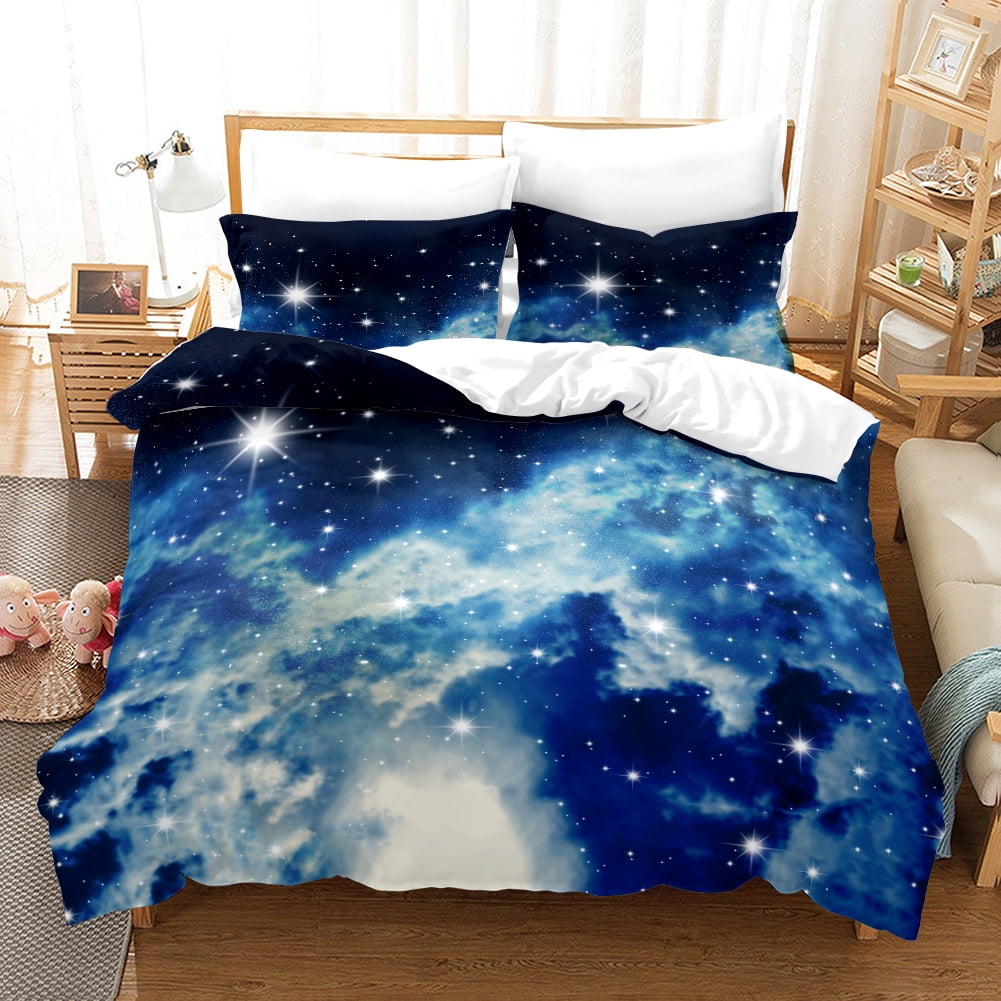 3piece Duvet Cover Set Queen Size Galaxy Outer Style Moon Star Pattern