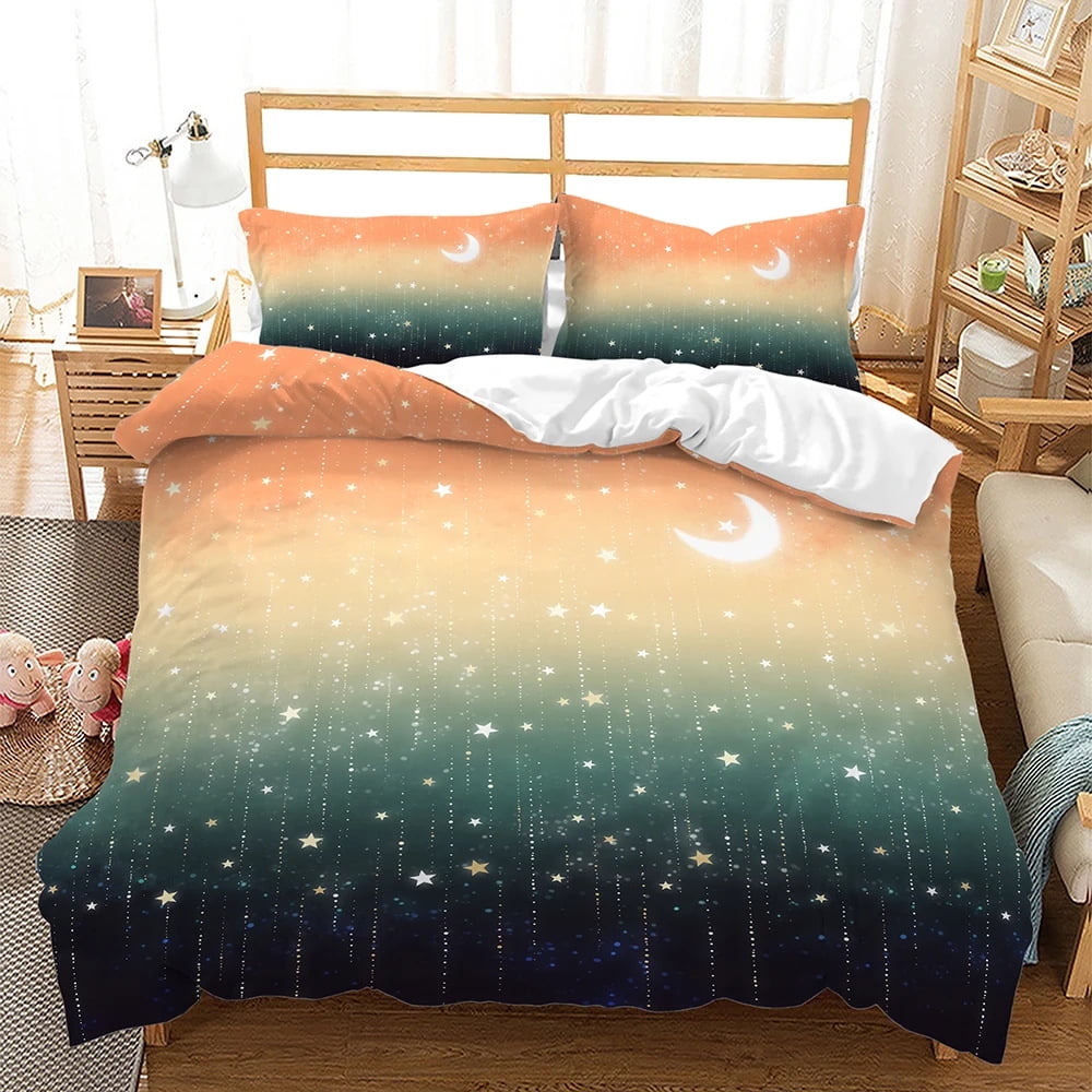 3piece Duvet Cover Set Queen Size Galaxy Outer Style Moon Star Pattern
