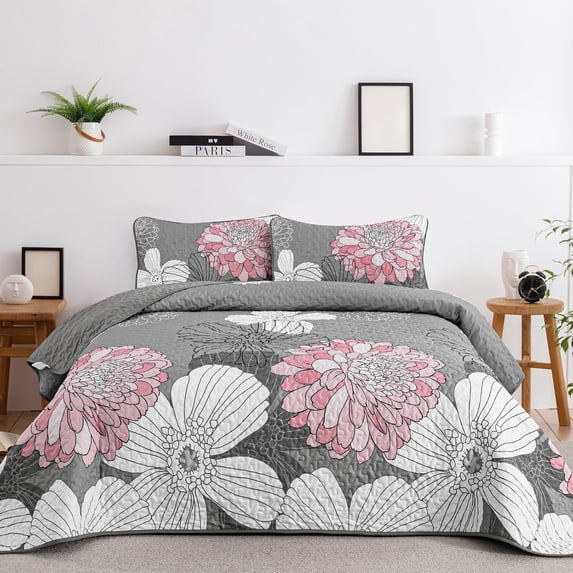 3Pieces Floral Printed Quilts Queen Size, Pink Boho Lightweight Queen ...