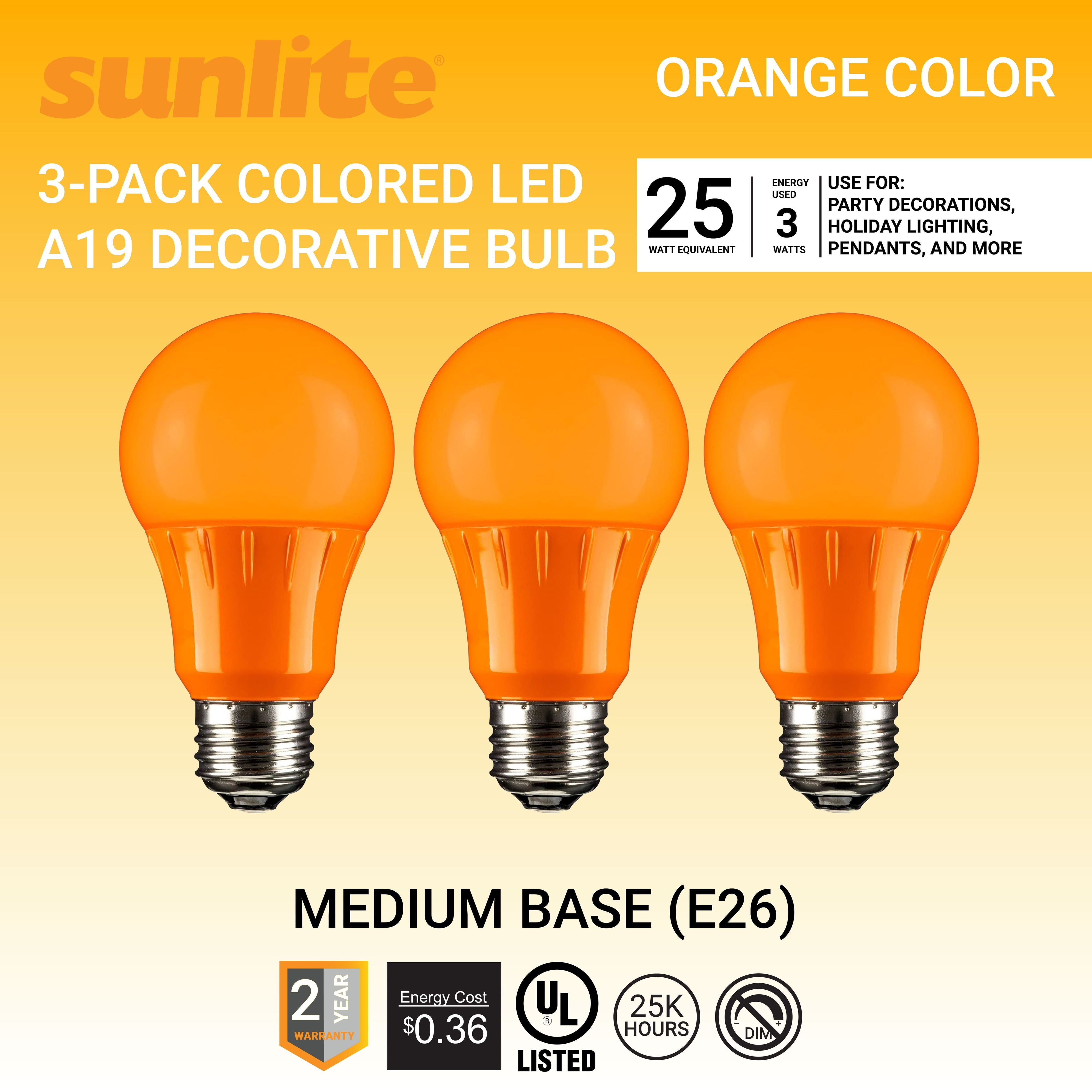 Sunlite Colorful Indoor LED A19 Orange Light Bulbs, 3W (25w Equivalent ...