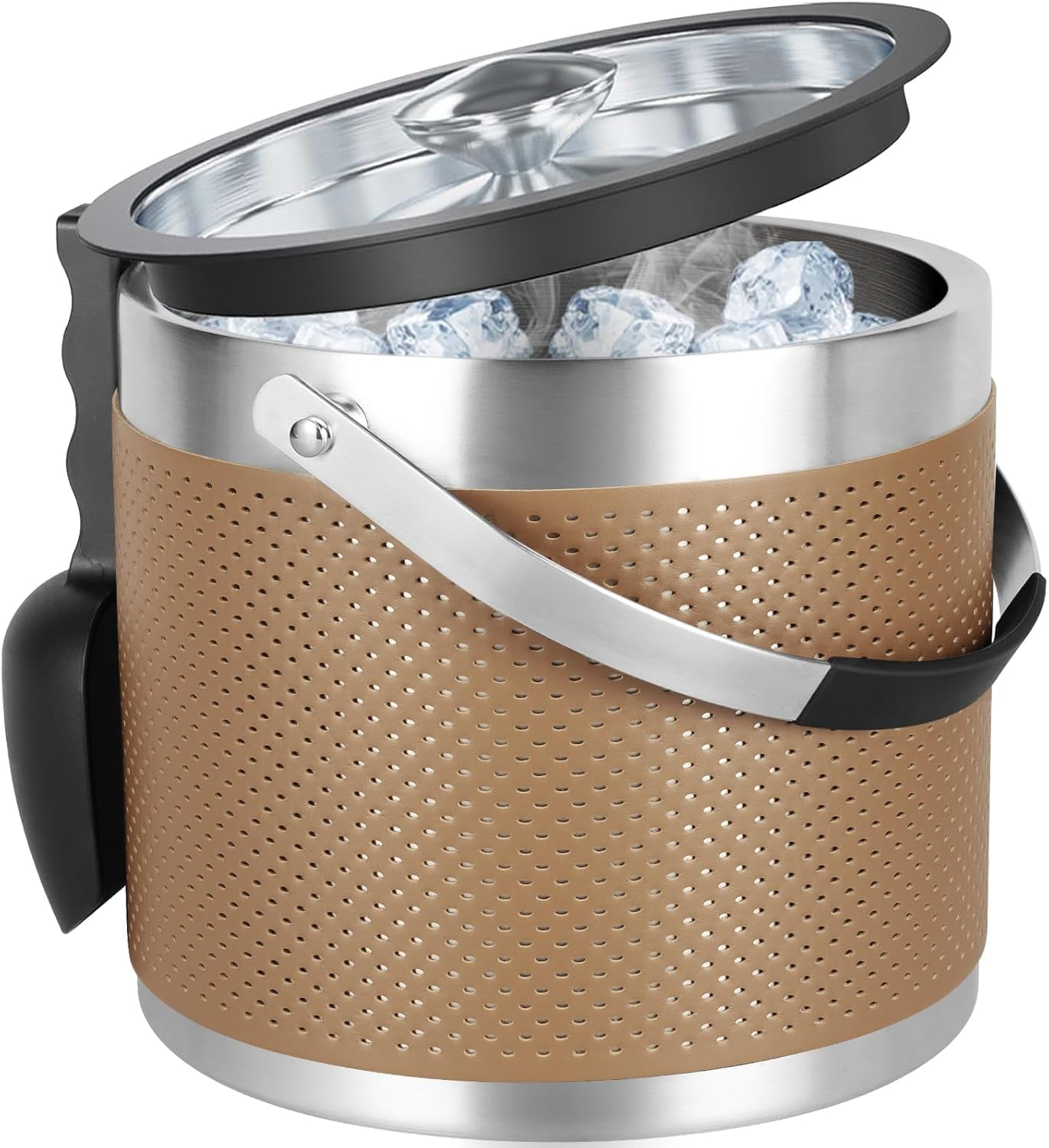 3Quart/3.2L Insulated Ice Bucket with Lid, Scoop, Leather Design Double ...