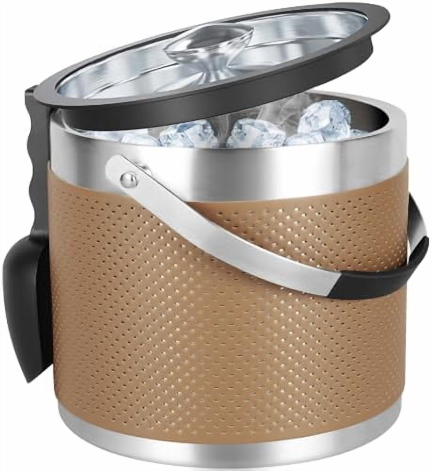 3Quart/3.2L Insulated Ice Bucket with Lid, Scoop, Leather Design Double ...