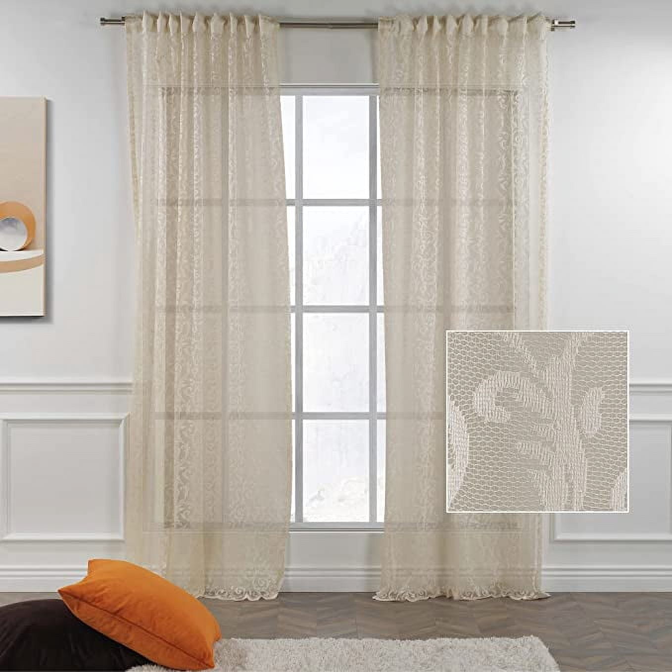 3S Brother's Beige Lace Sheers Extra Long Floral Style Curtains Set of ...