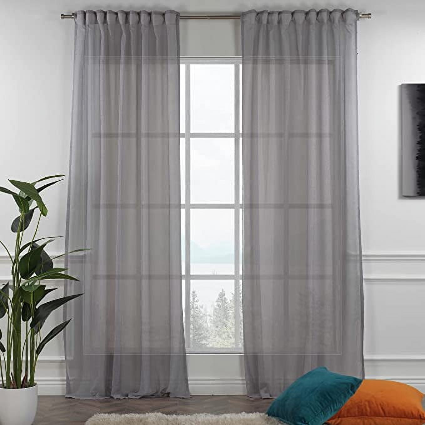 3S Brother's Grey Linen Look Extra Long Set of 2 Panels Sheer Curtains ...