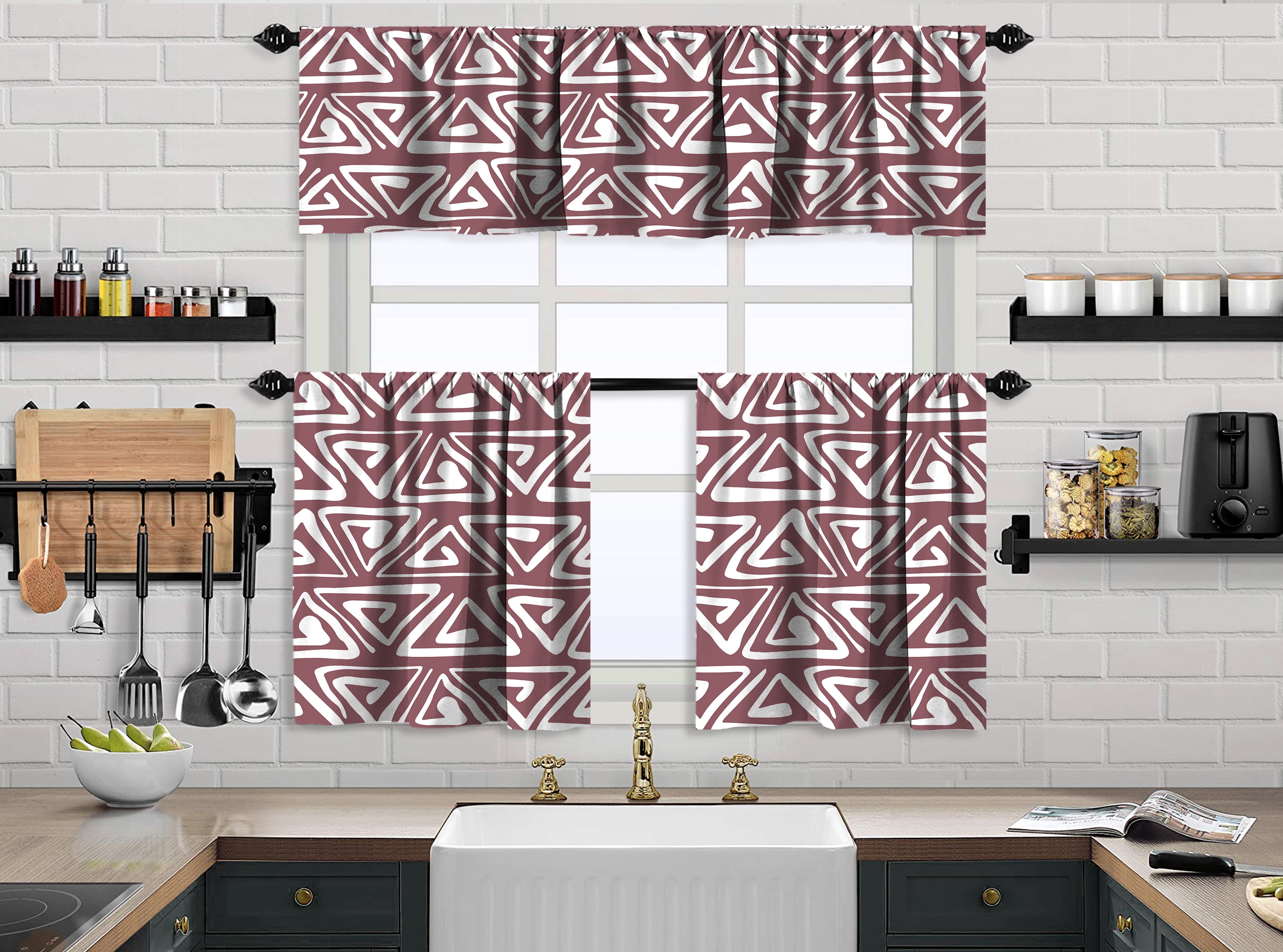 3S Brother's Kitchen Valance BOHO Printed Set of 3 Hanging Rod Pocket ...