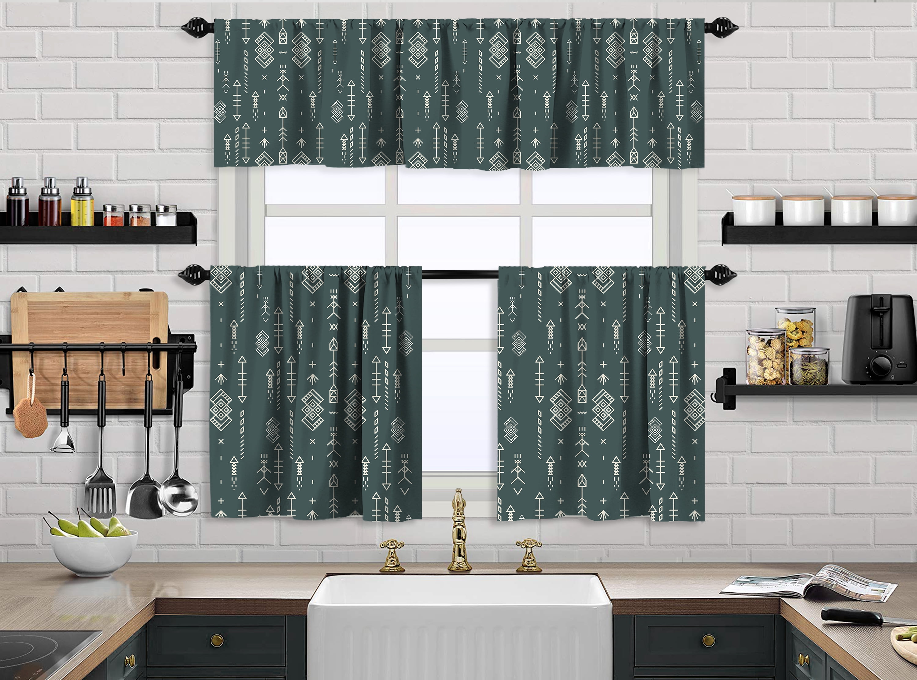 3S Brother's Kitchen Valance BOHO Printed Set of 3 Hanging Rod Pocket ...
