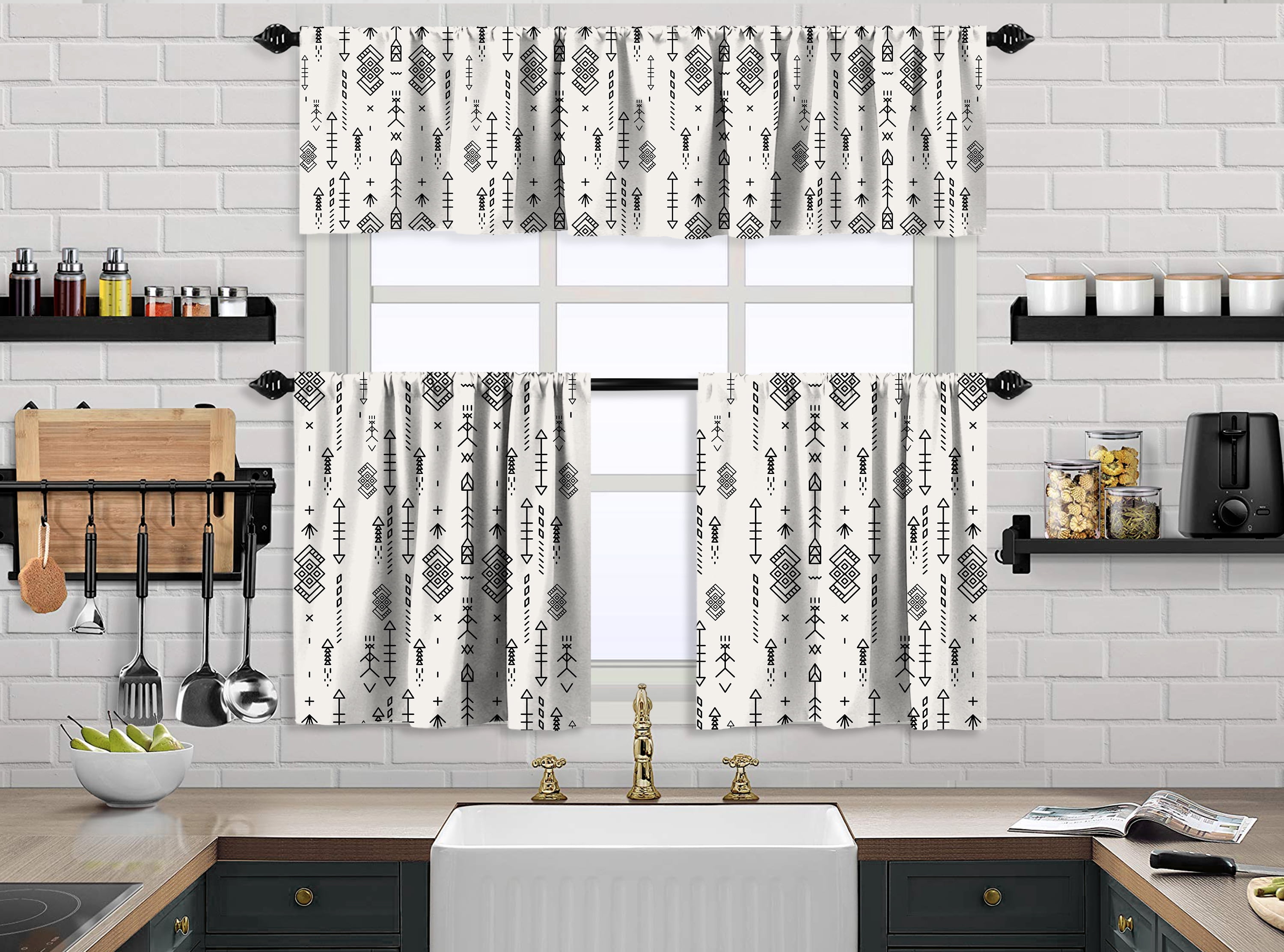 3S Brother's Kitchen Valance BOHO Printed Set of 3 Hanging Rod Pocket ...