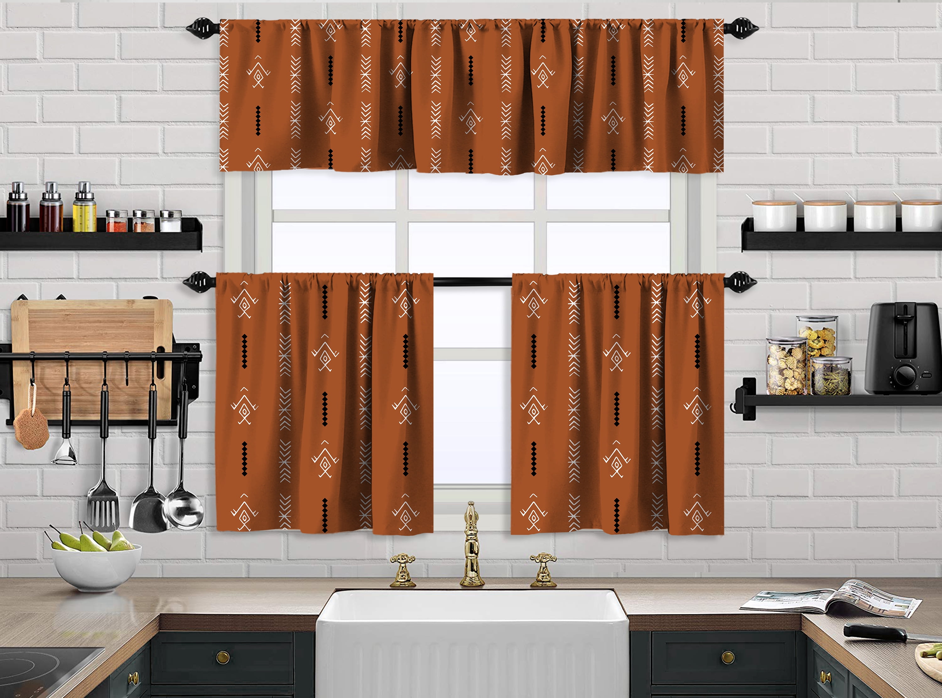 3S Brother's Kitchen Valance BOHO Printed Set of 3 Hanging Rod Pocket ...