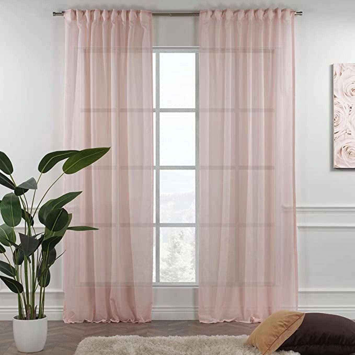 3S Brother's Pink Linen Look Extra Long Set of 2 Panels Sheer Curtains ...