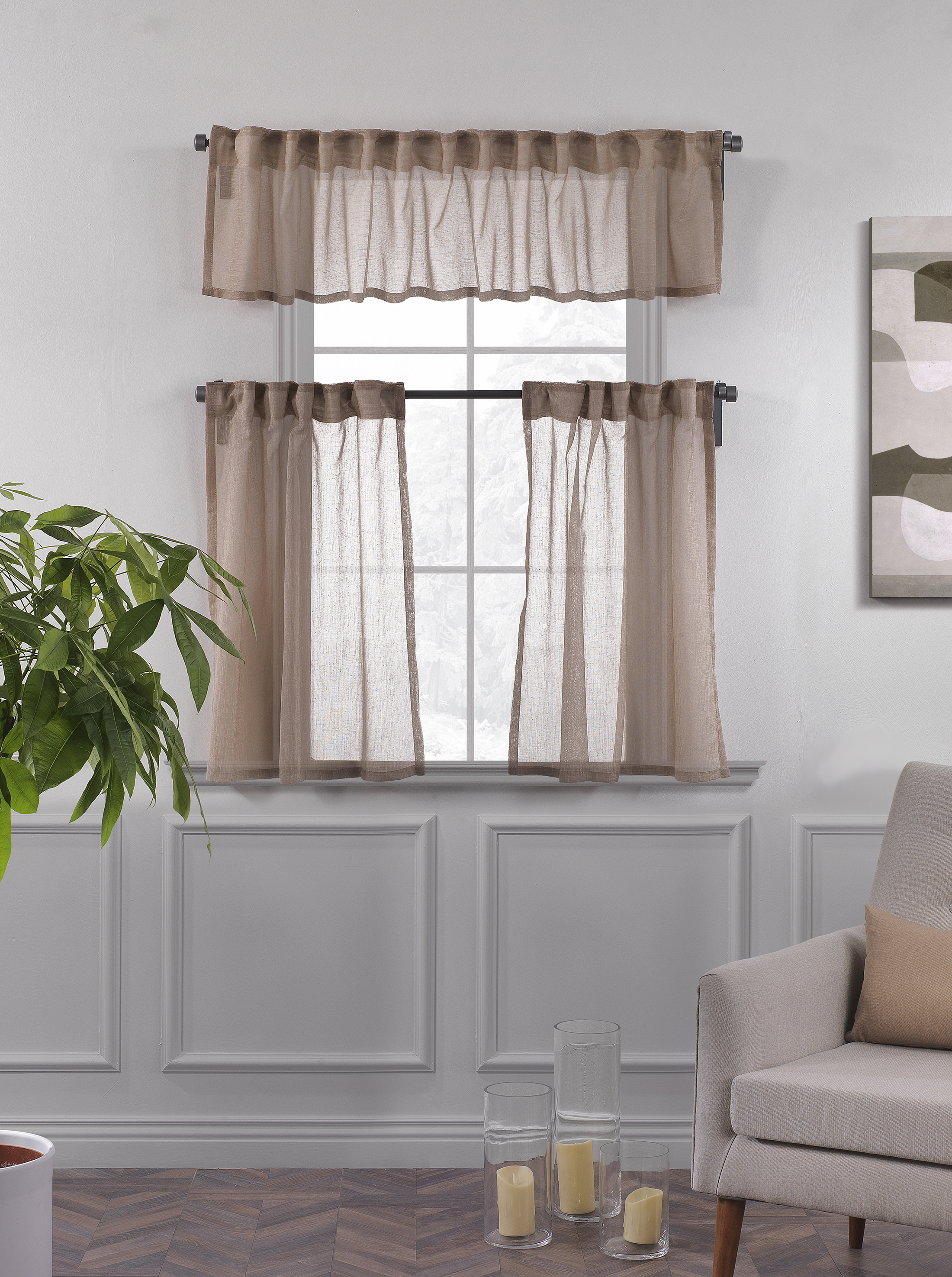 3S Brother's Sheer Curtains Kitchen Valance Set of 3 Hanging Rod Pocket Window Valance ...