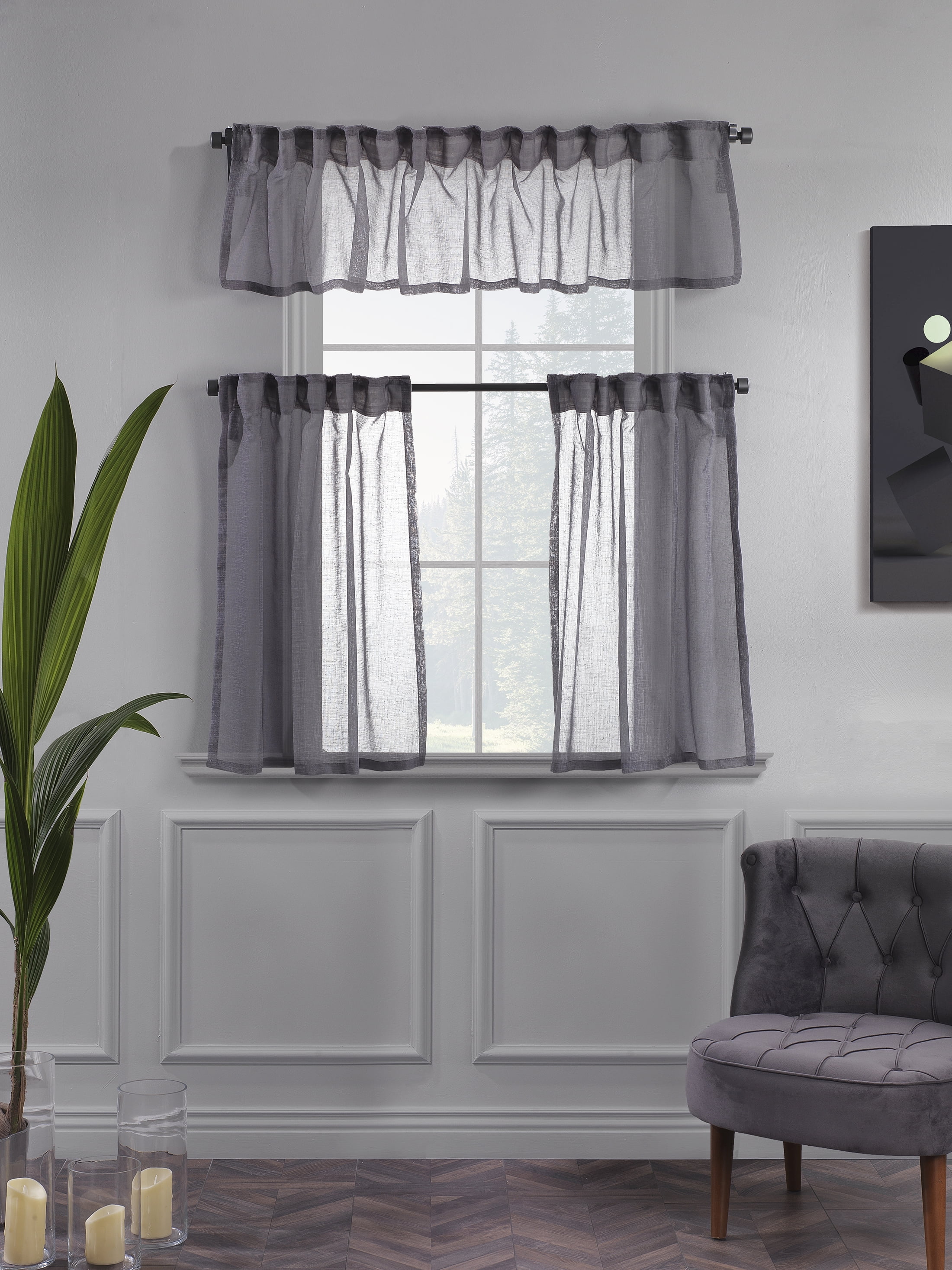 3S Brother's Sheer Curtains Kitchen Valance Set of 3 Hanging Rod Pocket ...