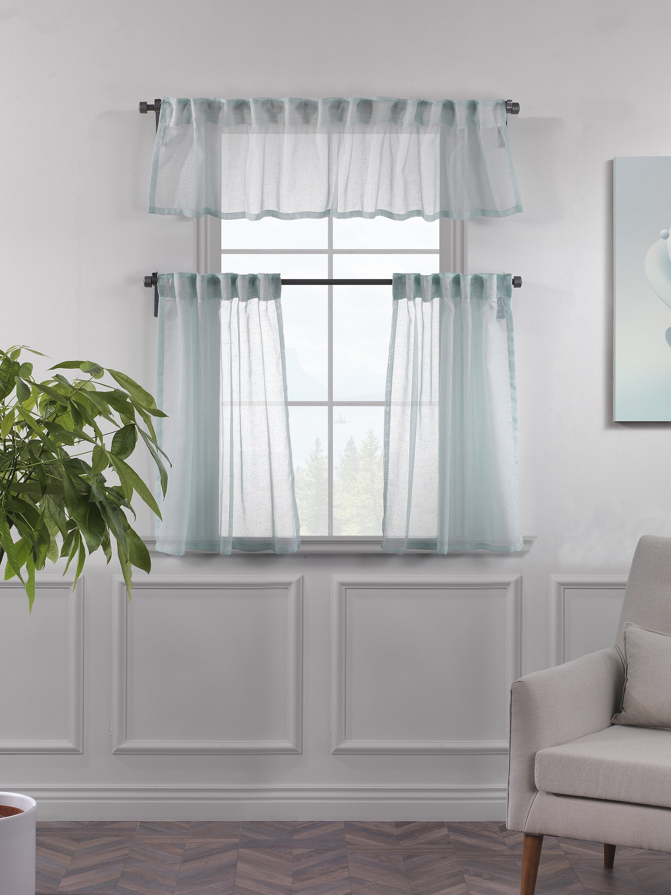 3S Brother's Sheer Curtains Kitchen Valance Set of 3 Hanging Rod Pocket ...