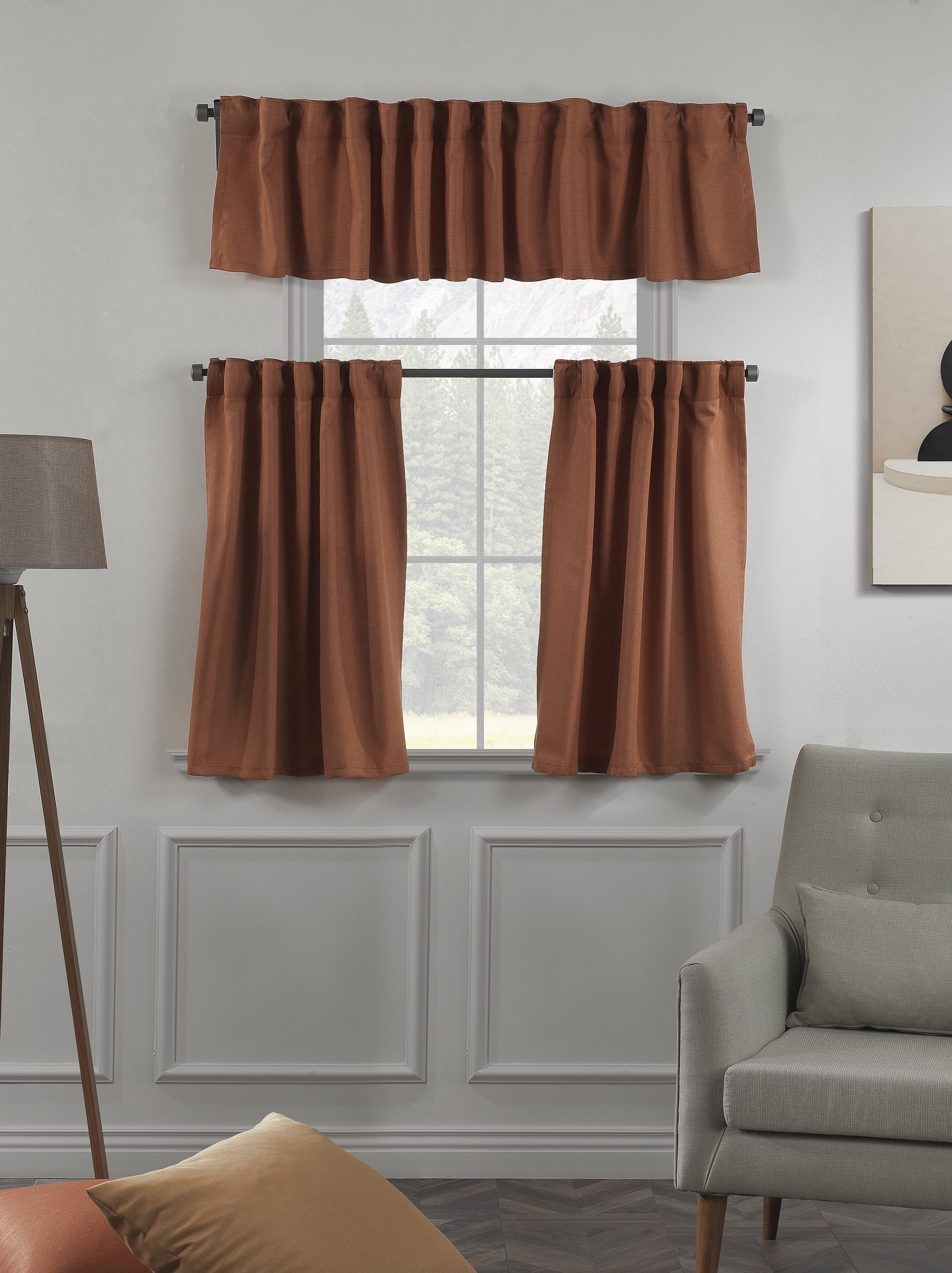 3S Brother's Solid Linen Look Curtains Drapes Kitchen Valance Set of 3 Hanging Rod Pocket Window ...