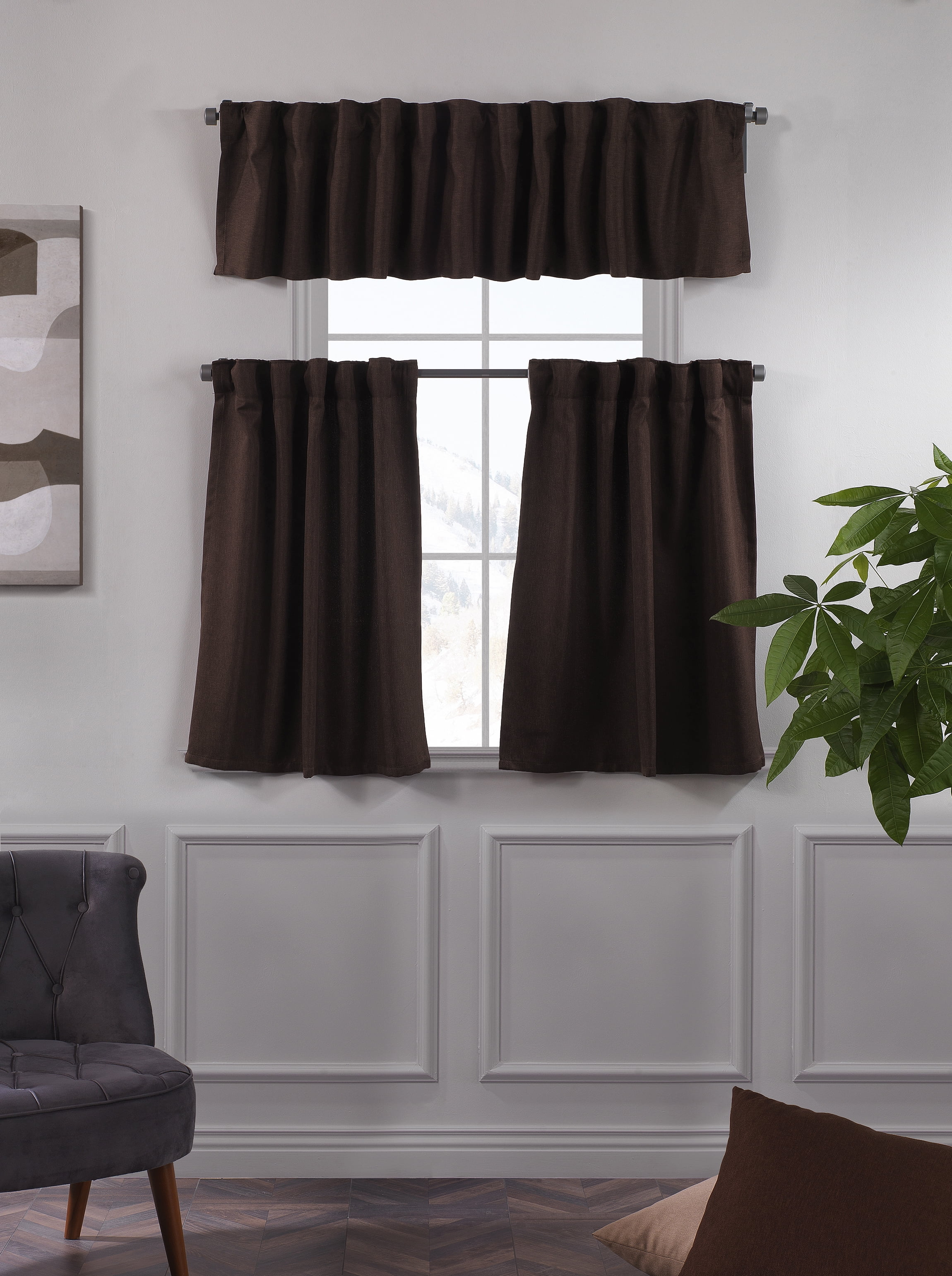 3S Brother's Solid Linen Look Curtains Drapes Kitchen Valance Set of 3 Hanging Rod Pocket Window ...