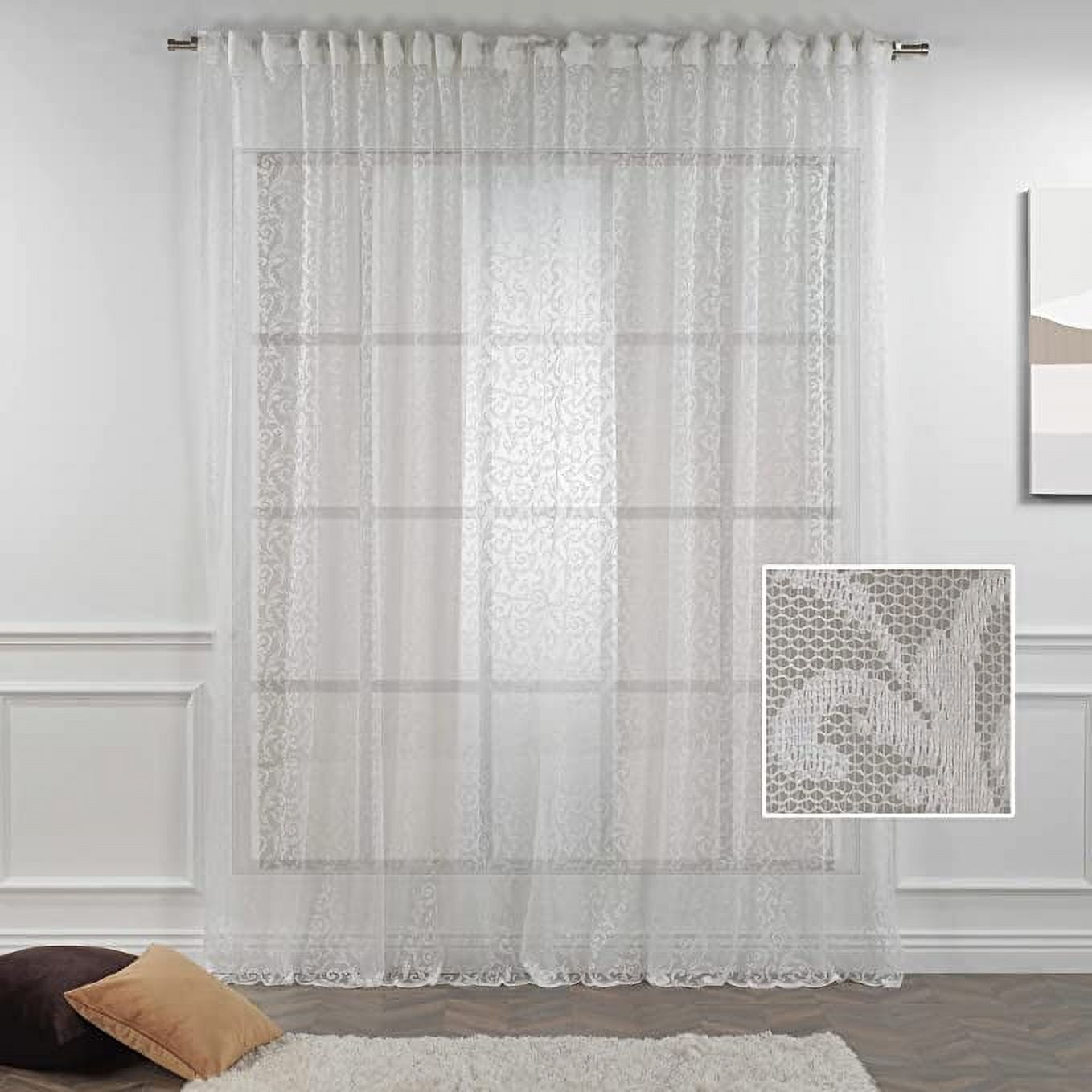 3S Brother's White Lace Sheers Extra Long Floral Style Curtains Set of ...