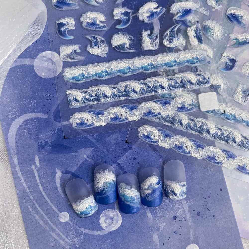 3Sheets Ocean Wave Nail MMF7 Art Stickers, Blue and White Design, Water ...