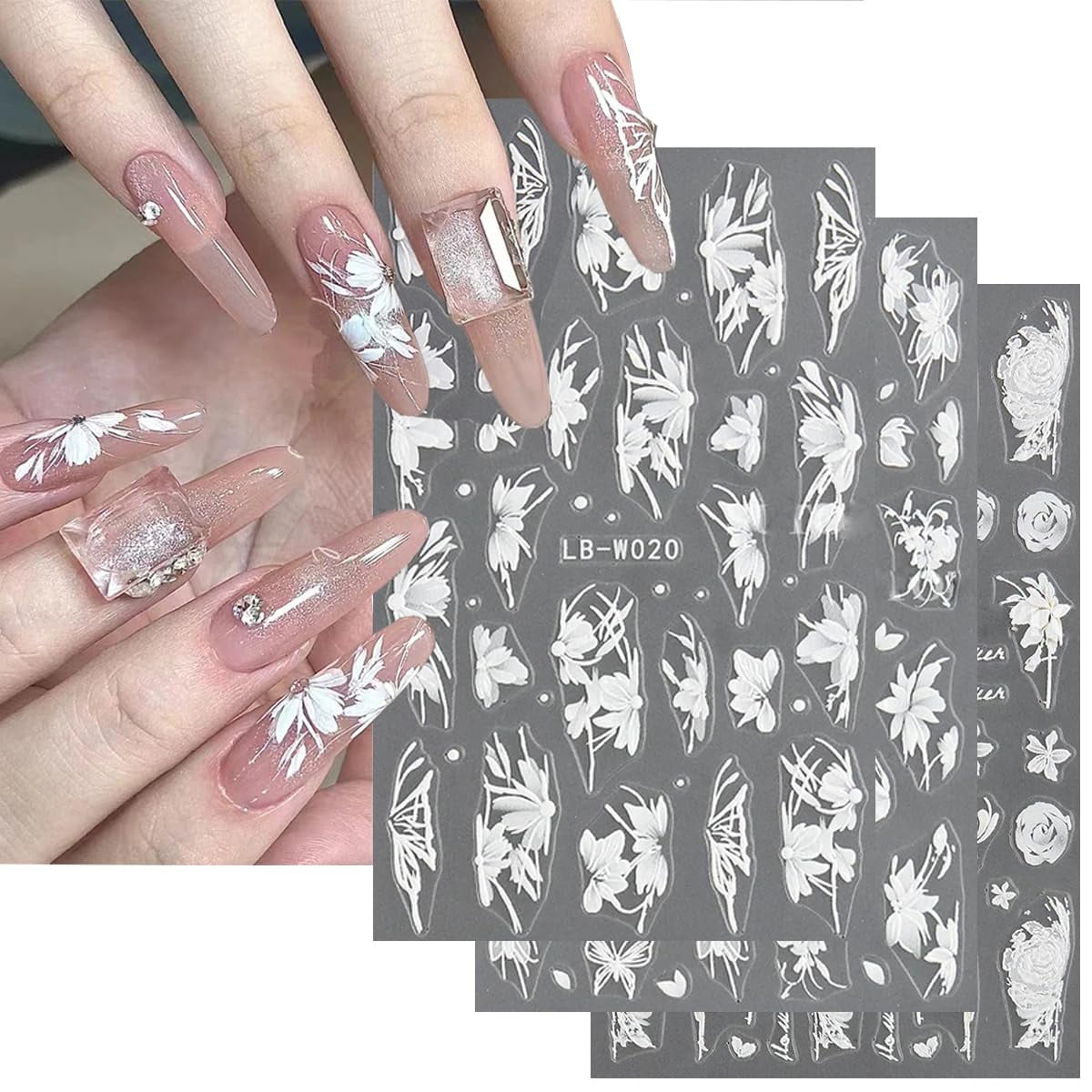 3Sheets White Flowers Nail Stickers 5D Embossed Simple Floral Petal Adhesive Decals Spring ...
