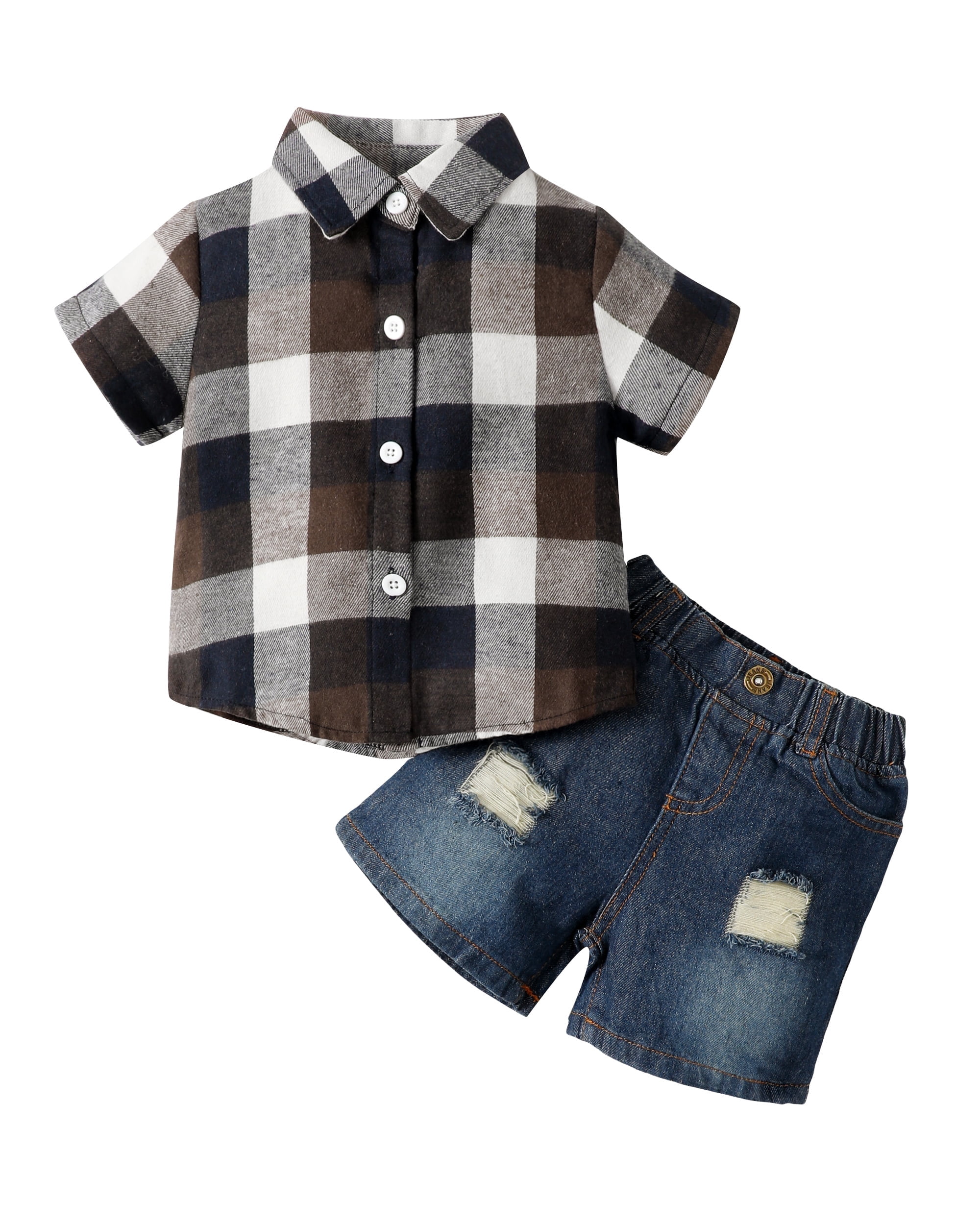 3T 4T Boy Outfits Baby Boy Shorts Set Plaid Ripped Denim Toddler Boy ...
