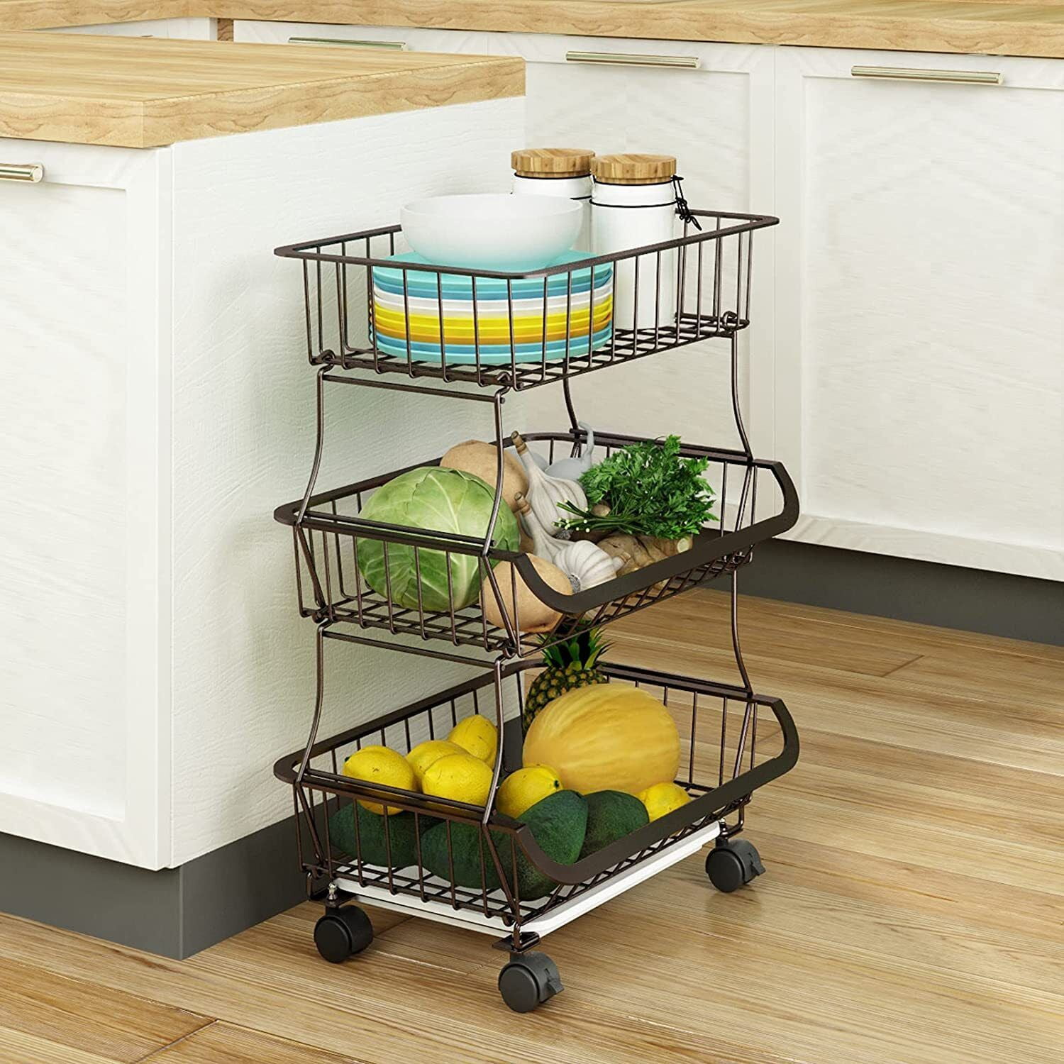 3Tier Fruit Trolley Kitchen Metal Wire Vegetable Storage Basket Cart ...