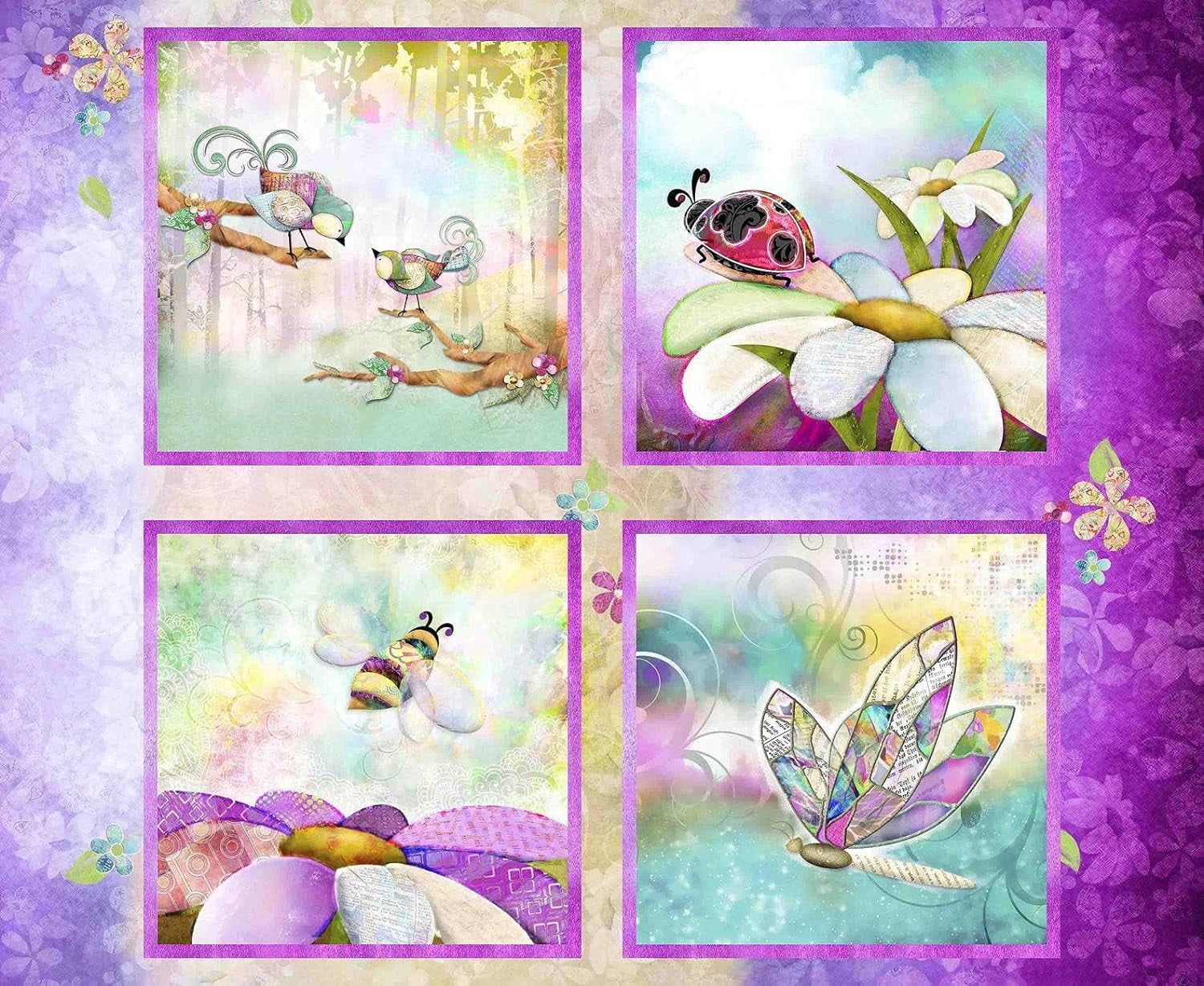 3Wishes Fabrics in The Meadow Bugs and Birds Multicolor 35x44 Panel 100 ...