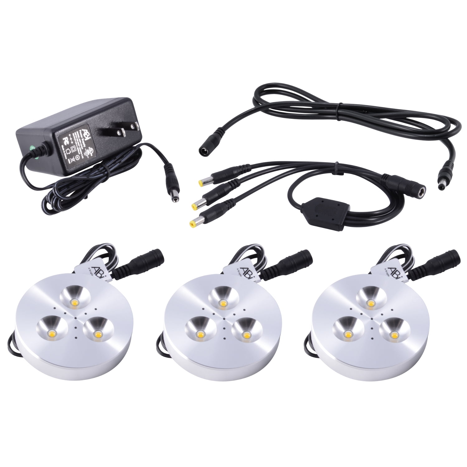 3X ABI 3W LED Puck Light Complete Kit for Under Cabinet, Bookshelf, and ...