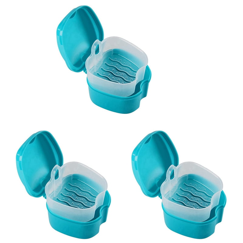 3X Blue Denture Case,Denture Cup with Strainer,Denture Bath Box False ...