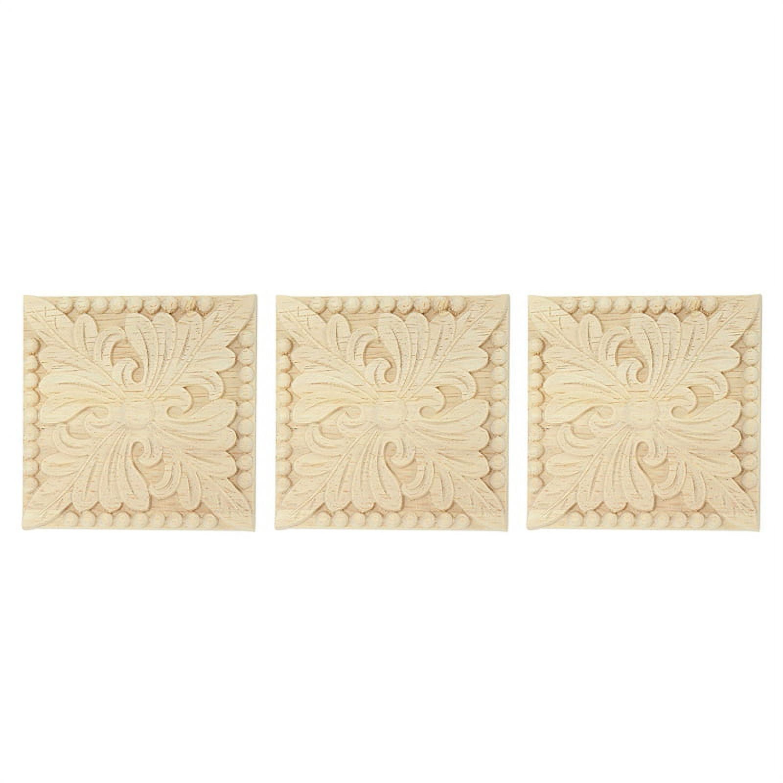 3X Natural Wood Appliques Square Flower Carving Decals Decorative ...