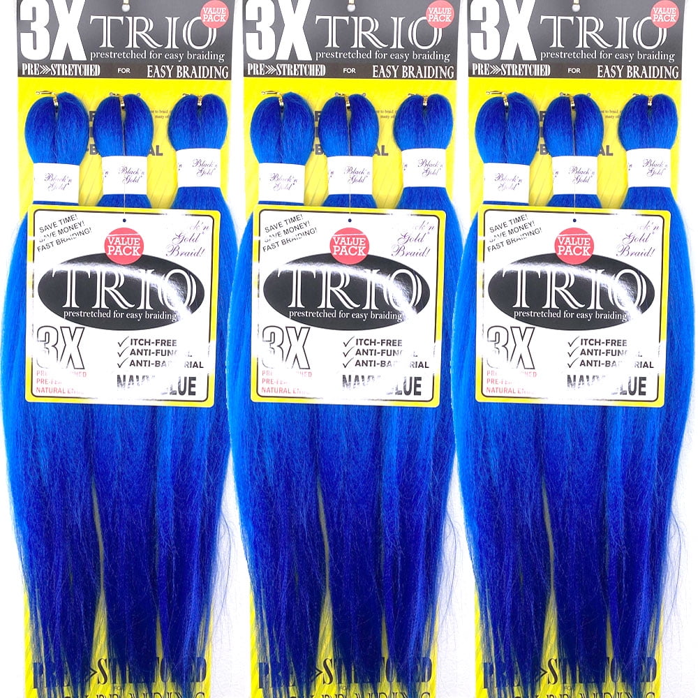 3X TRIO #Navy Blue Pre Stretched Braiding Hair 28inch for Easy Braiding ...