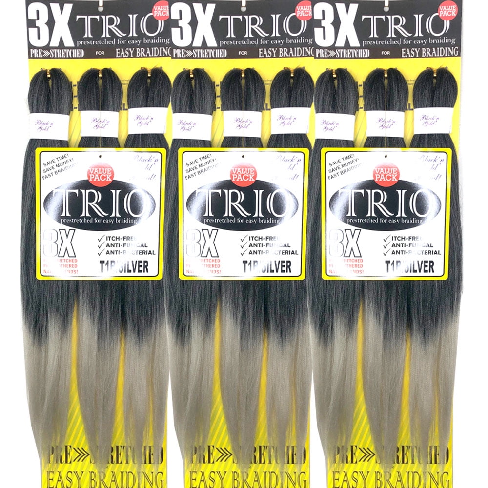 3X TRIO #T1B/Silver Pre Stretched Braiding Hair 28Inch for Easy ...