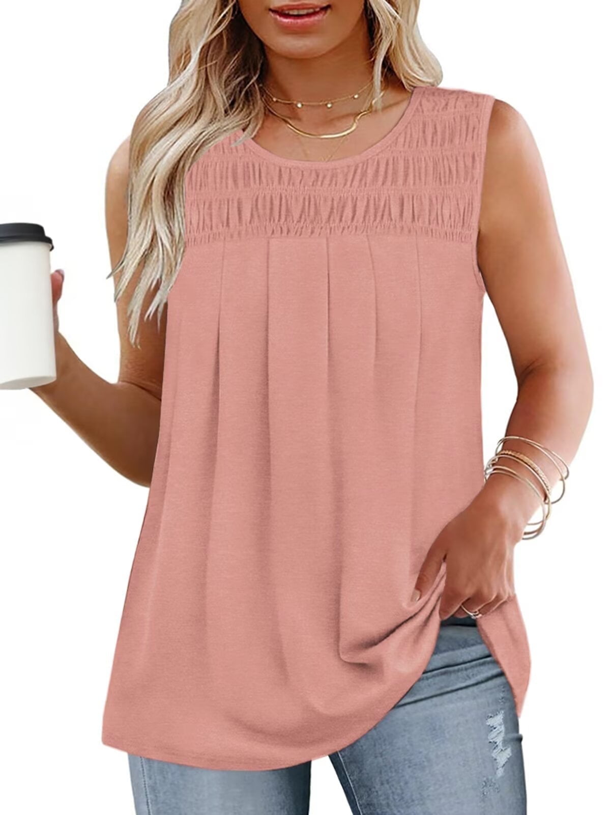3X Womens Tops Plus Size Summer Crewneck Tunics Flowy Pleated Shirts ...