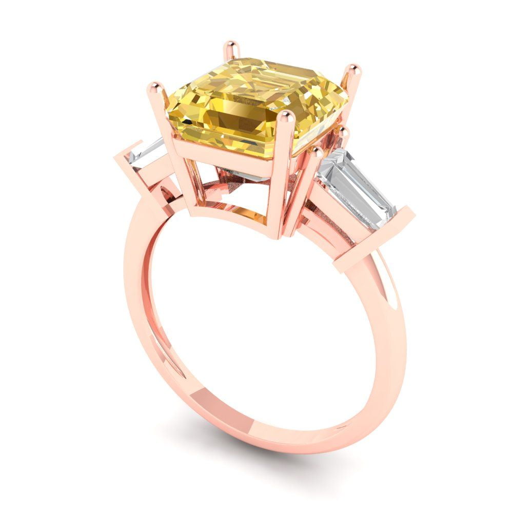 3ct asscher cut yellow moissanite 18k rose gold 3 stone Bridal Wedding ...