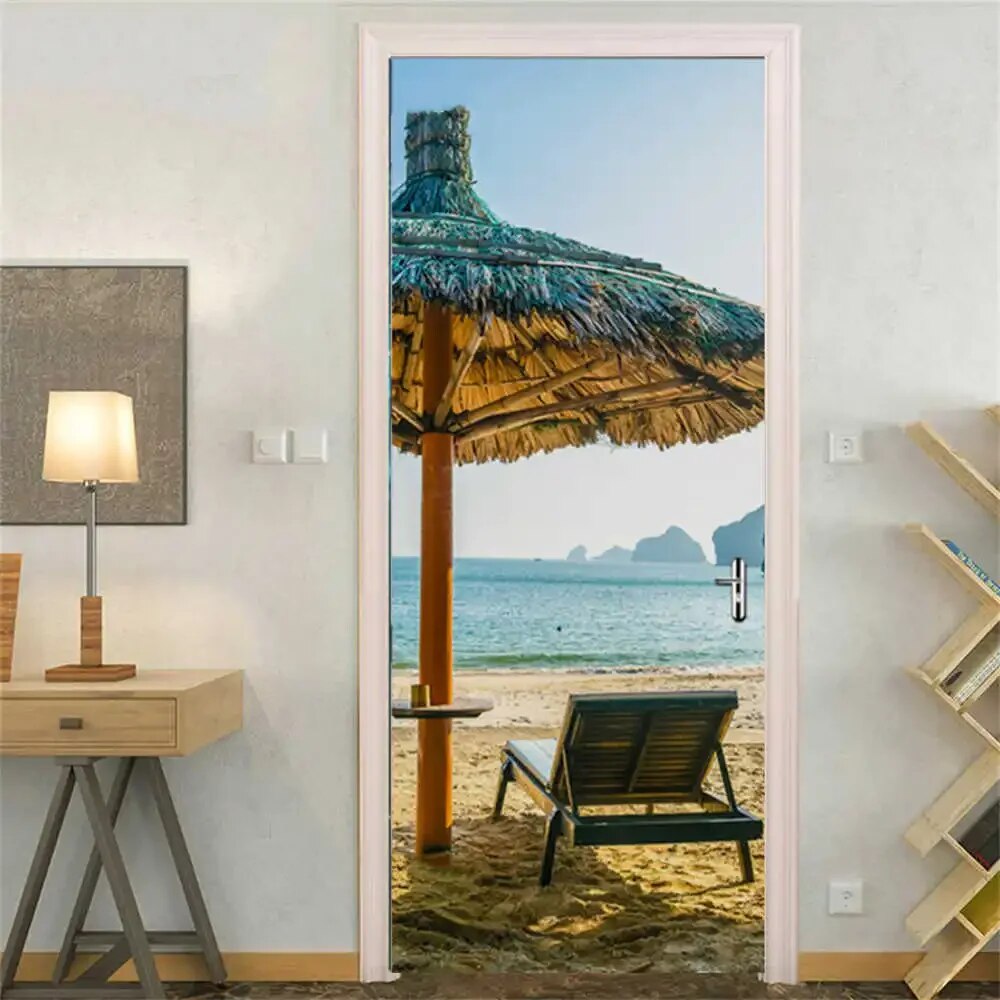 3d Beach Door Decorative stickers Bedroom entrance wallpaper Natural ...