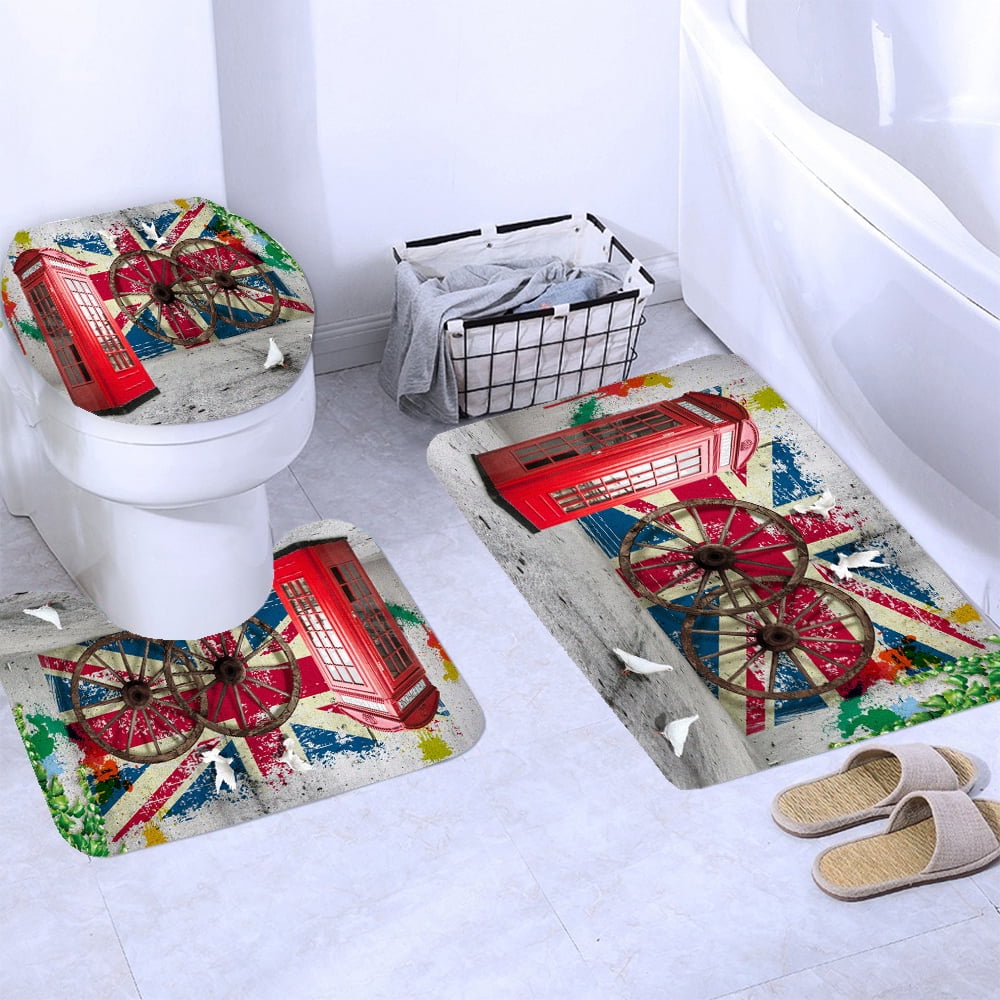 3d European Retro Street View Print Shower Curtain Set Bathroom Bathing Screen Anti-slip Toilet ...